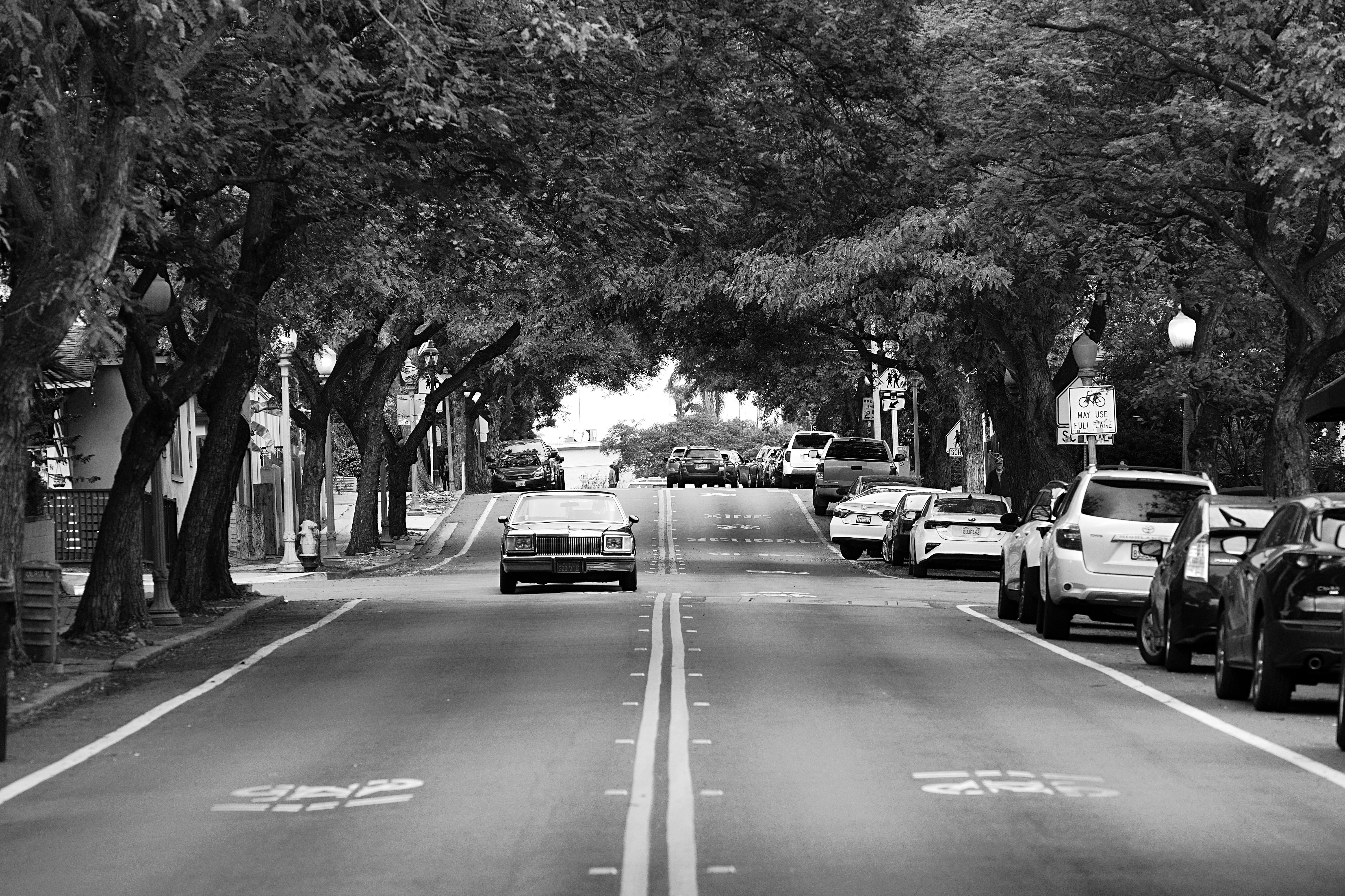 Grayscale Photo of a Car Driving Down the Street · Free Stock Photo