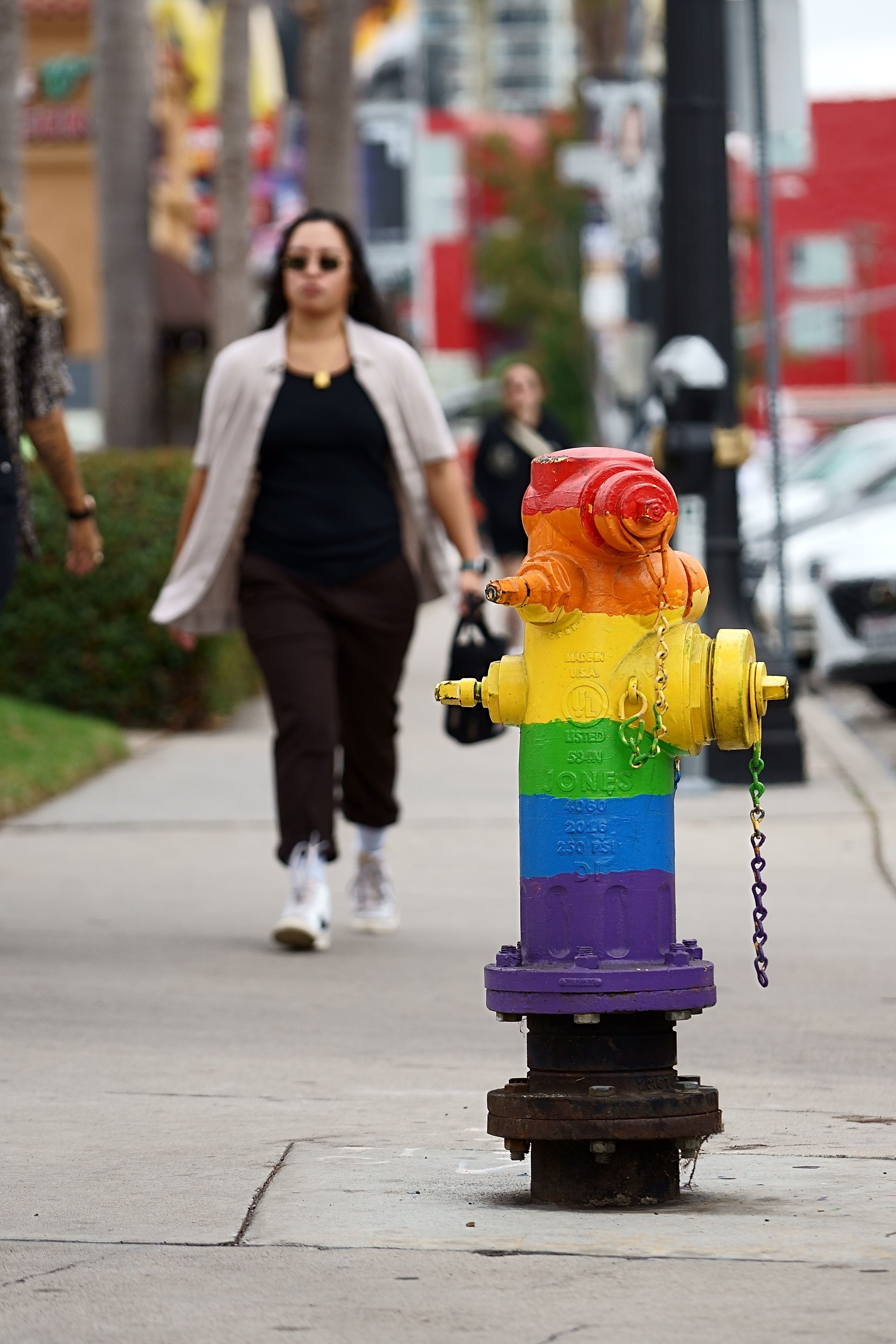Woman Walking on a Pavement and Multicoloured Fire Hydrant on a Street ...