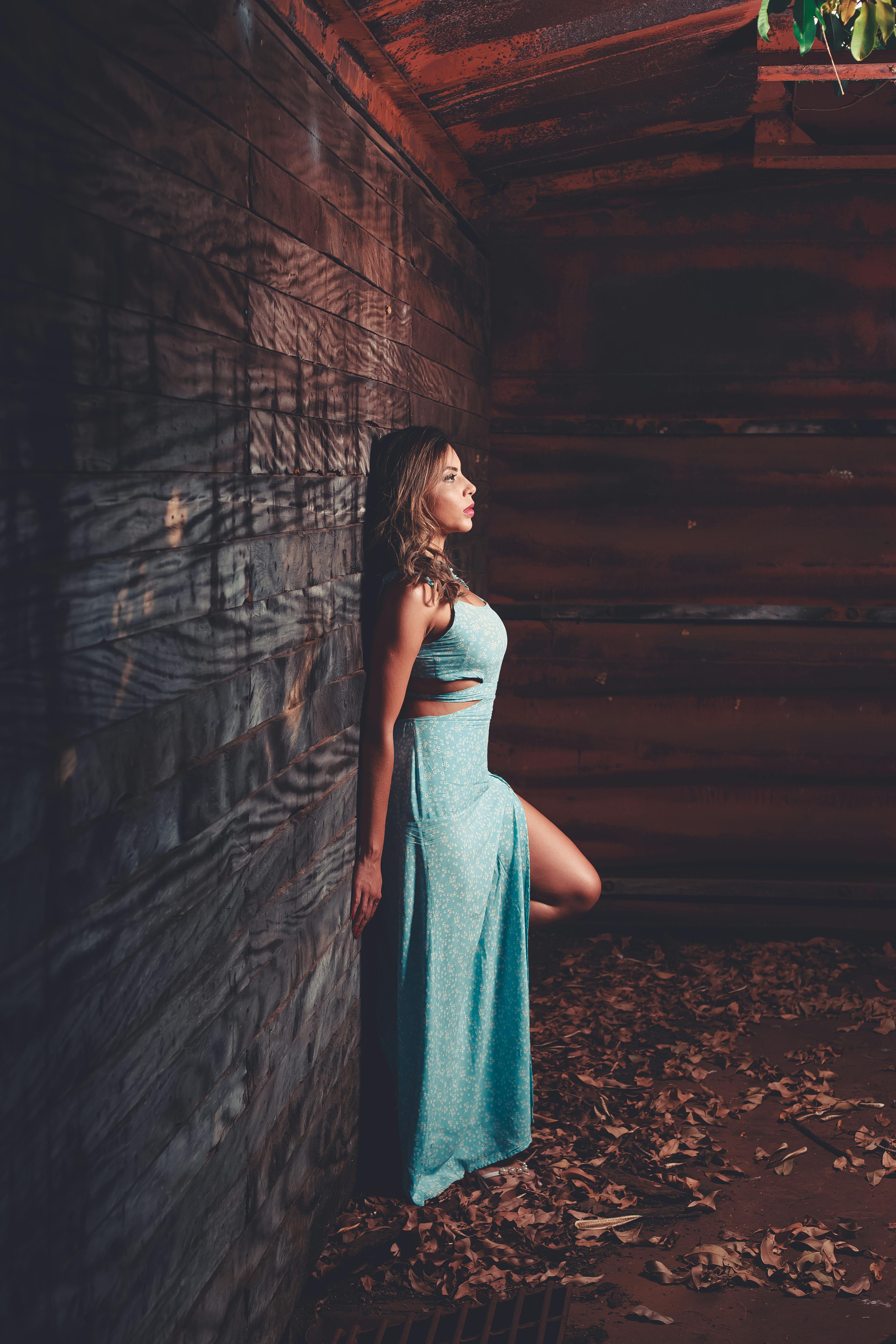 A Woman in Blue Dress Leaning on a Wooden Wall · Free Stock Photo