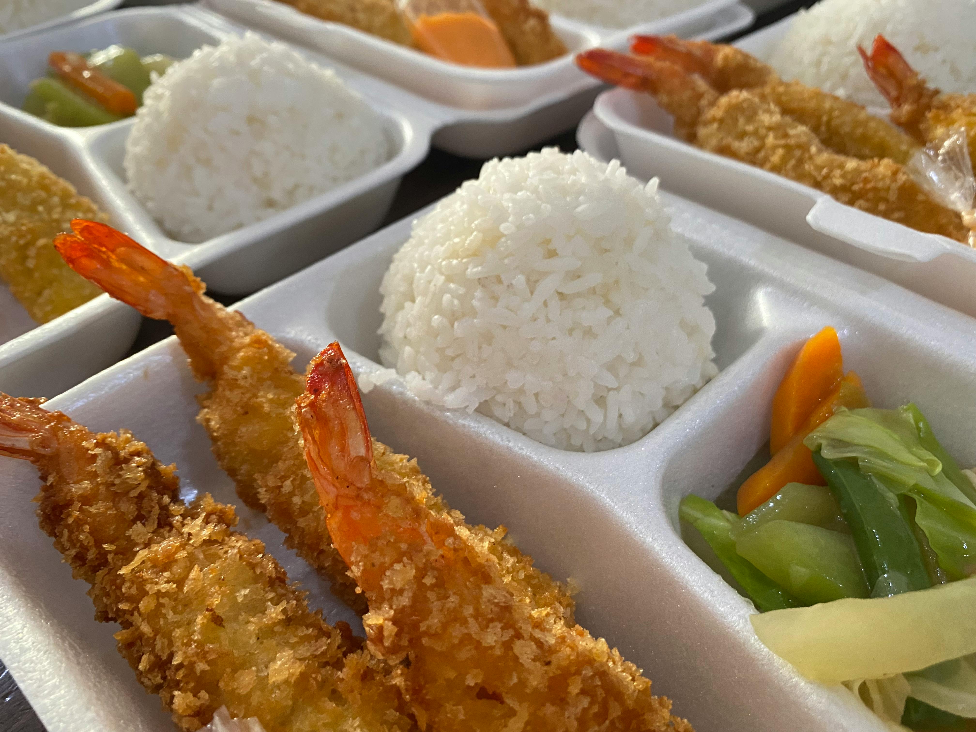 A Rice with Tempura and Vegetables on Styrofoam · Free Stock Photo