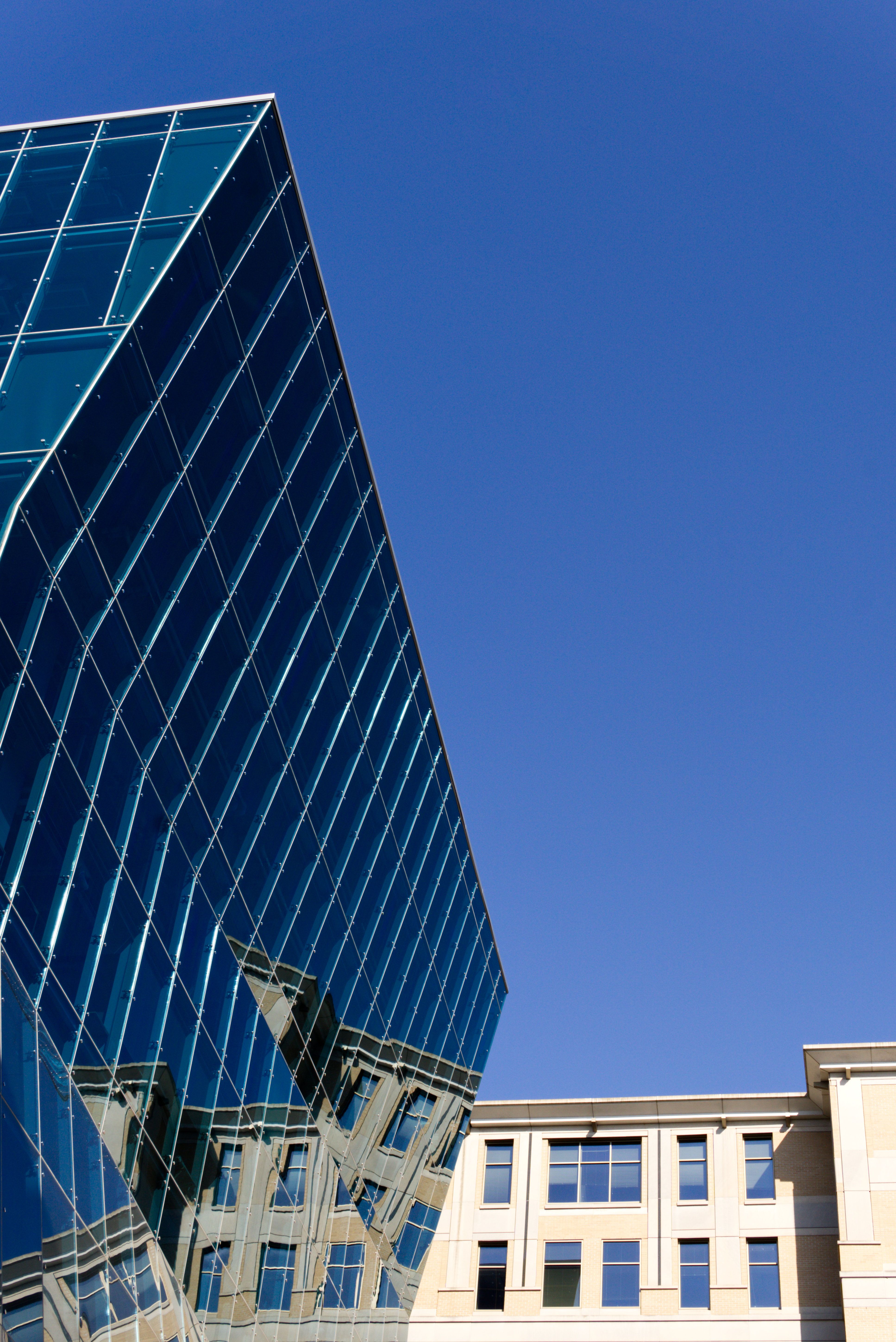 A Low Angle Shot of a Building with Glass Panels Under the Blue Sky ...