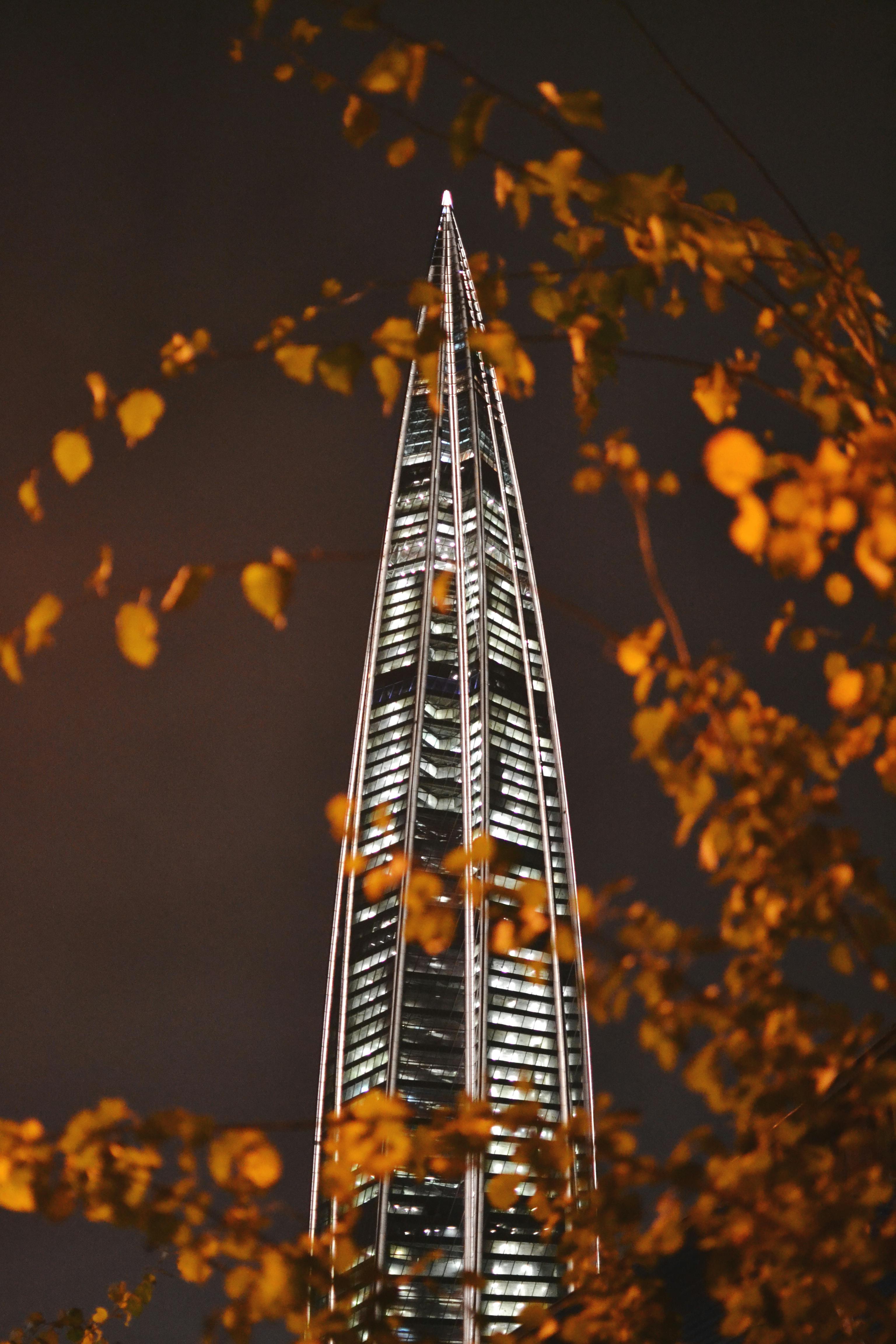 Illuminated Tower Beside a Building at Nighttime · Free Stock Photo