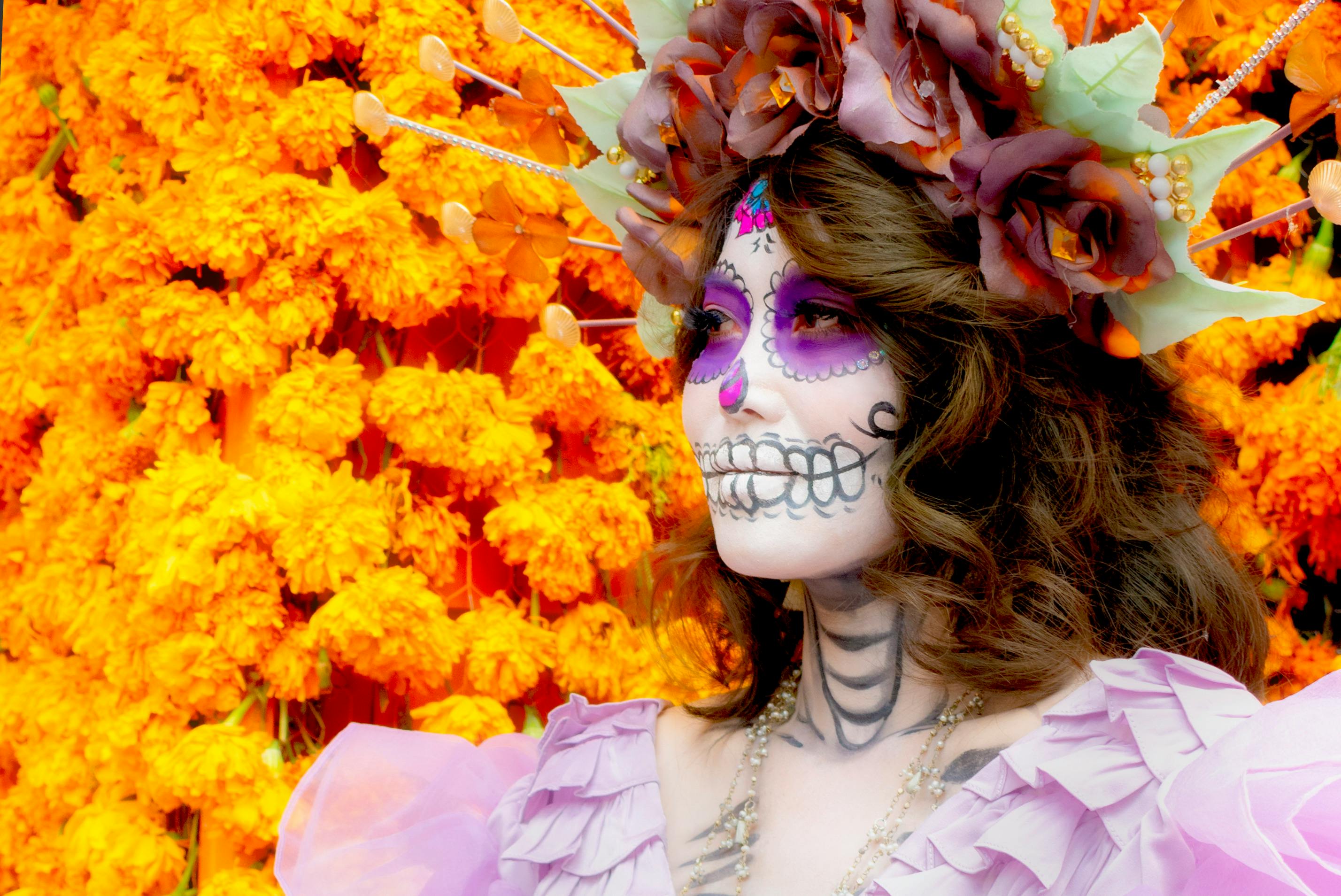 Catrina Sitting with Dogs Statues and in Veil with Butterflies · Free ...