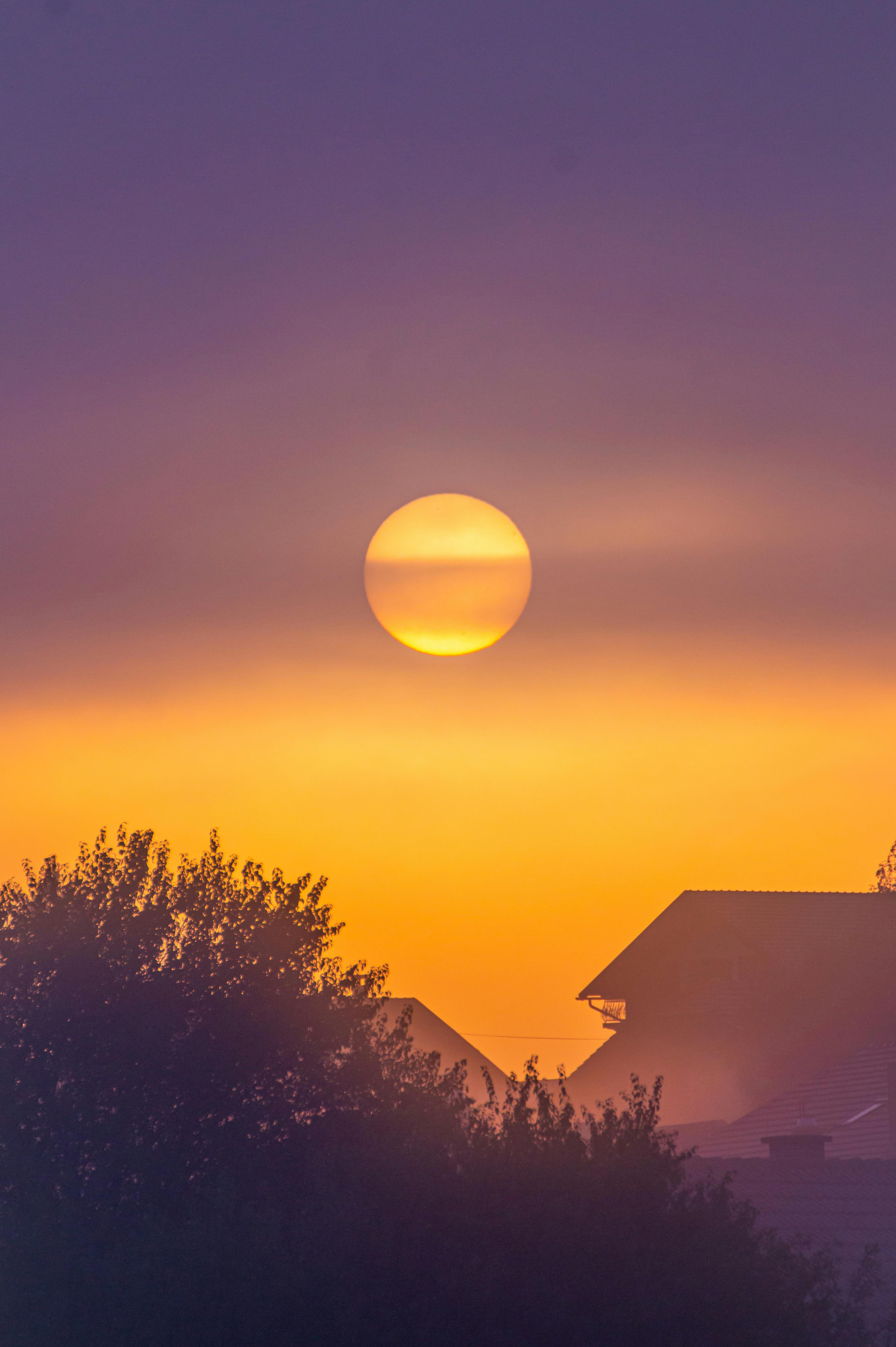 Full Moon at Dusk with Tree and a House Silhouettes · Free Stock Photo