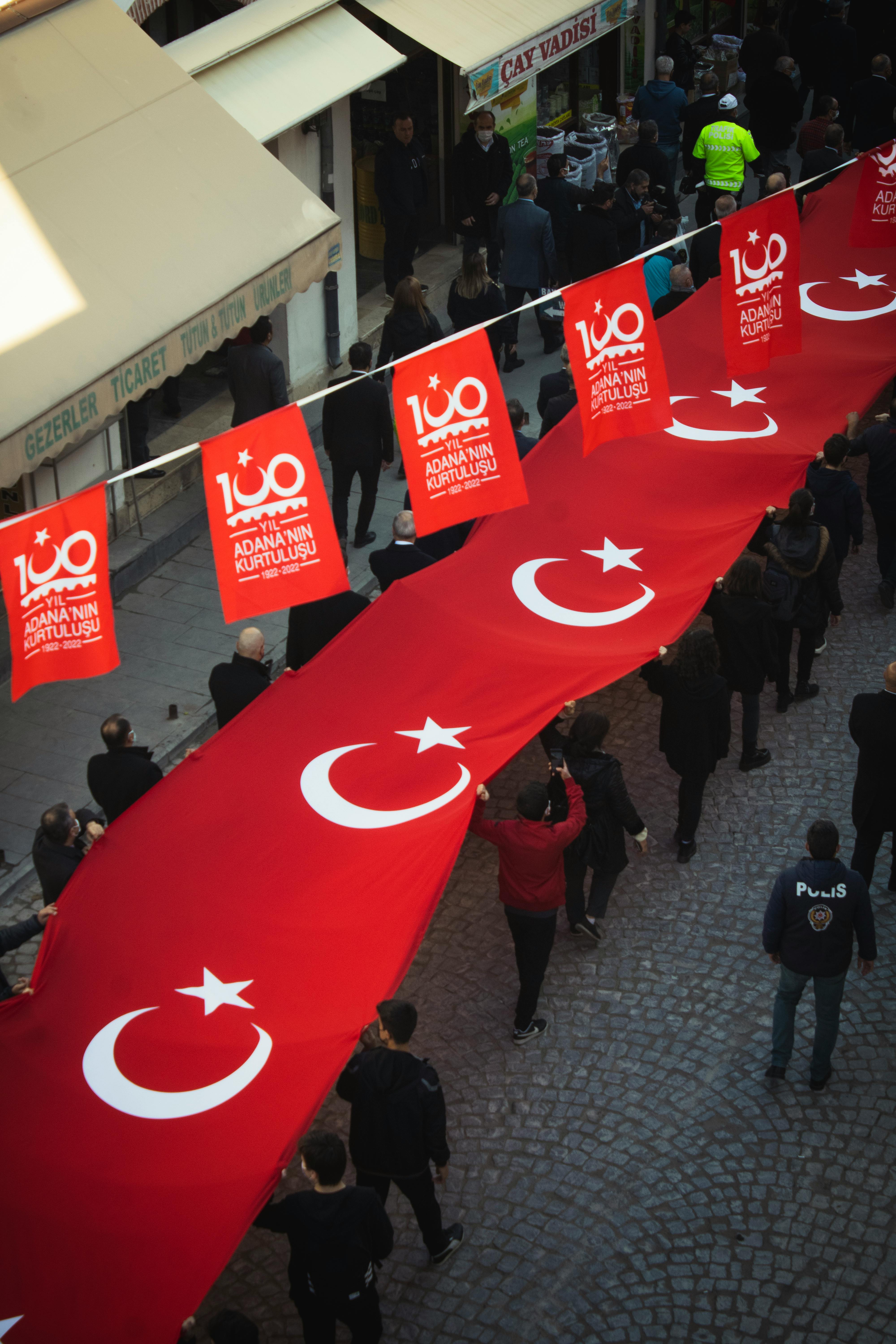 High Angle Shot of People Holding a Turkish Flag Banner · Free Stock Photo