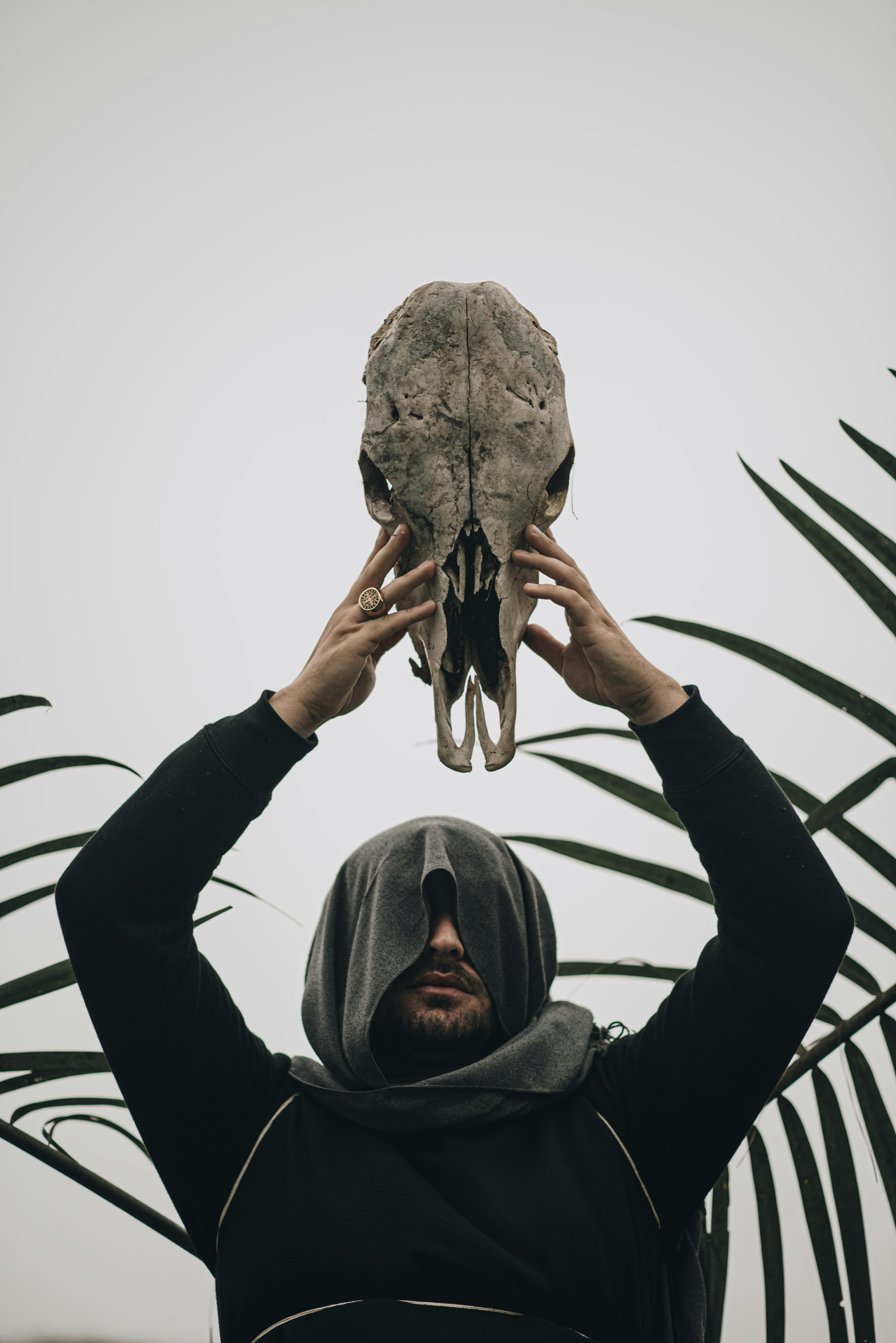 Man in a Costume Holding an Animal Skull over His Head · Free Stock Photo