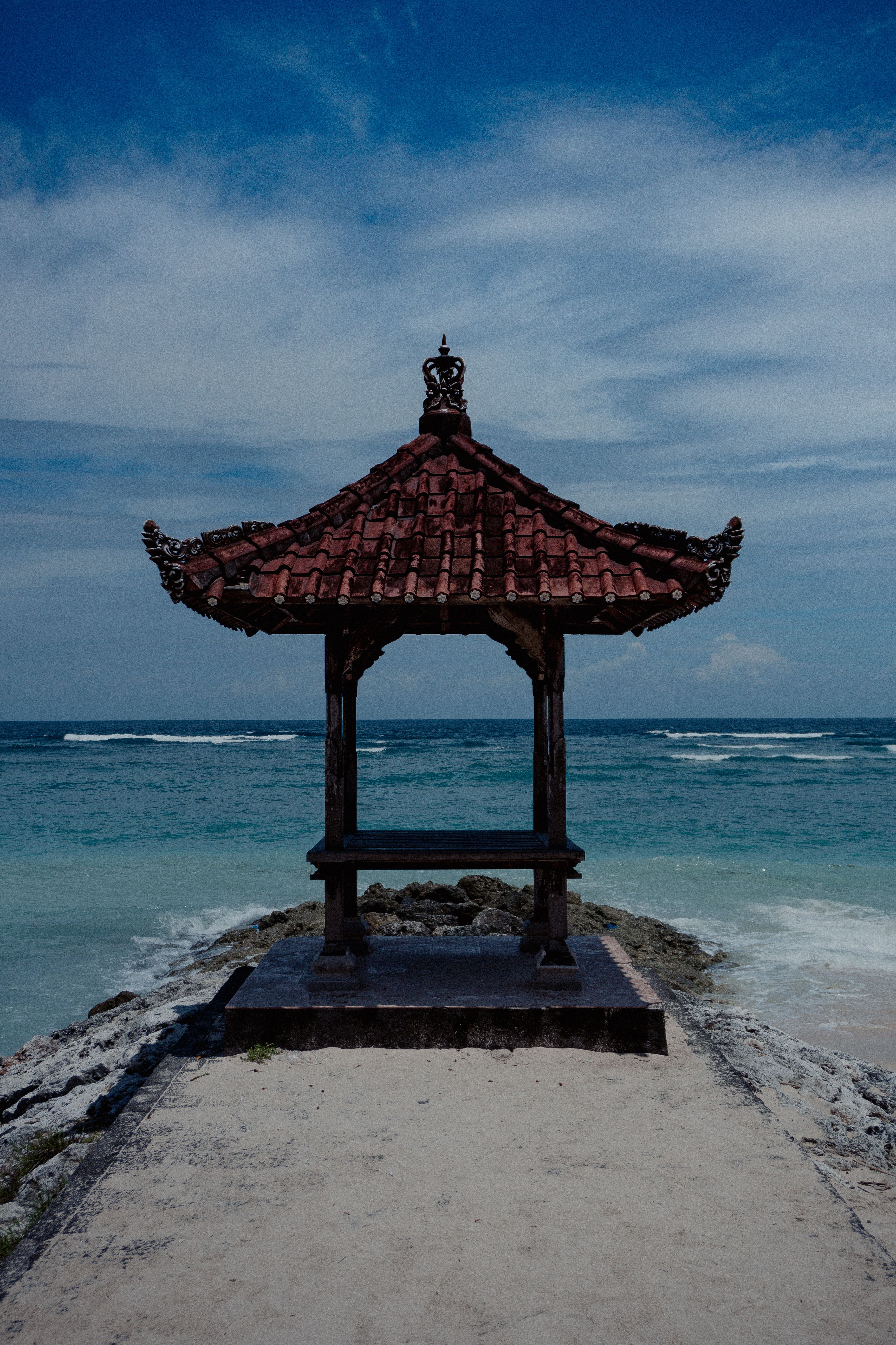 Bench under the Pagoda Roof at the Sea · Free Stock Photo