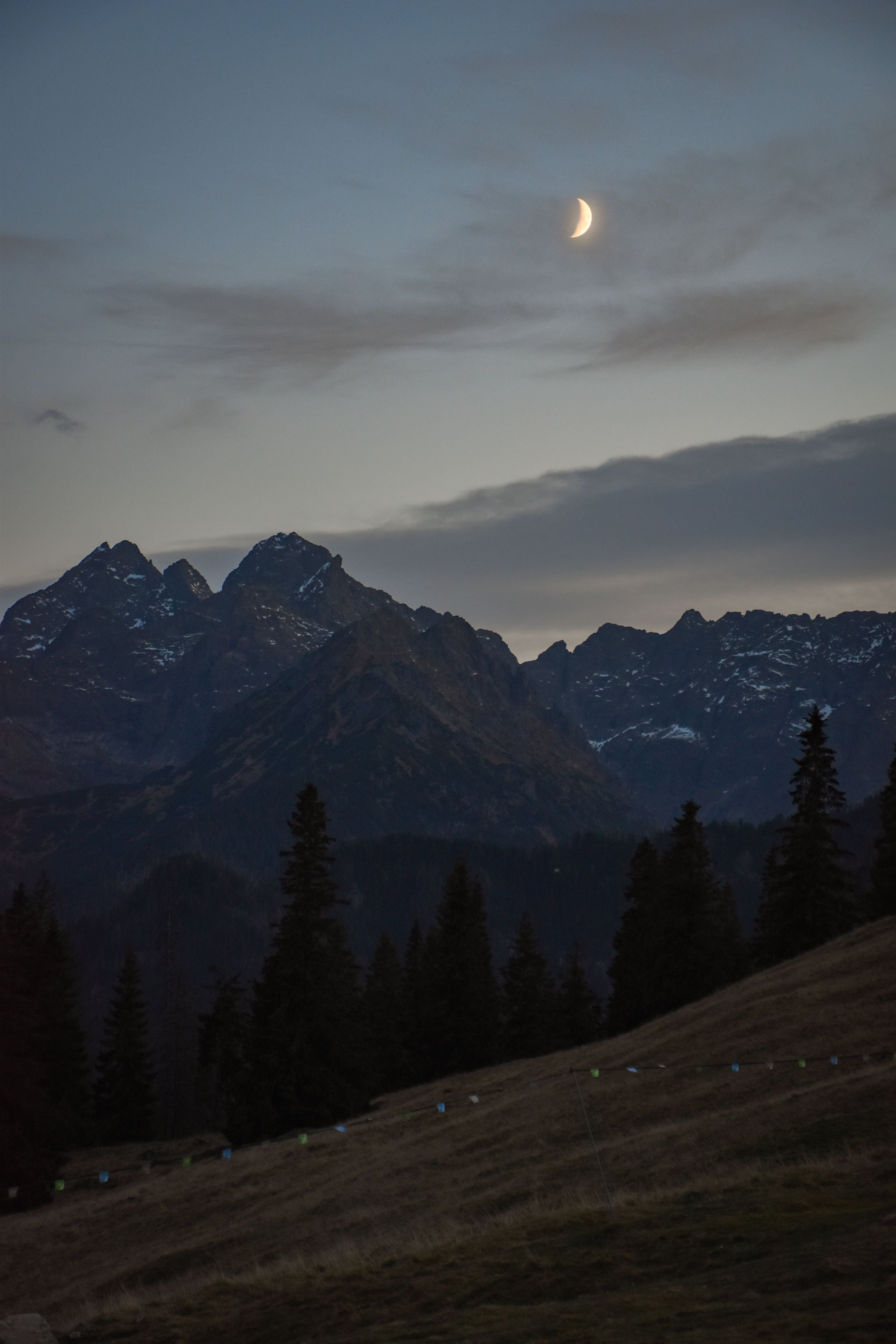 Crescent Moon Over Mountains and Trees · Free Stock Photo