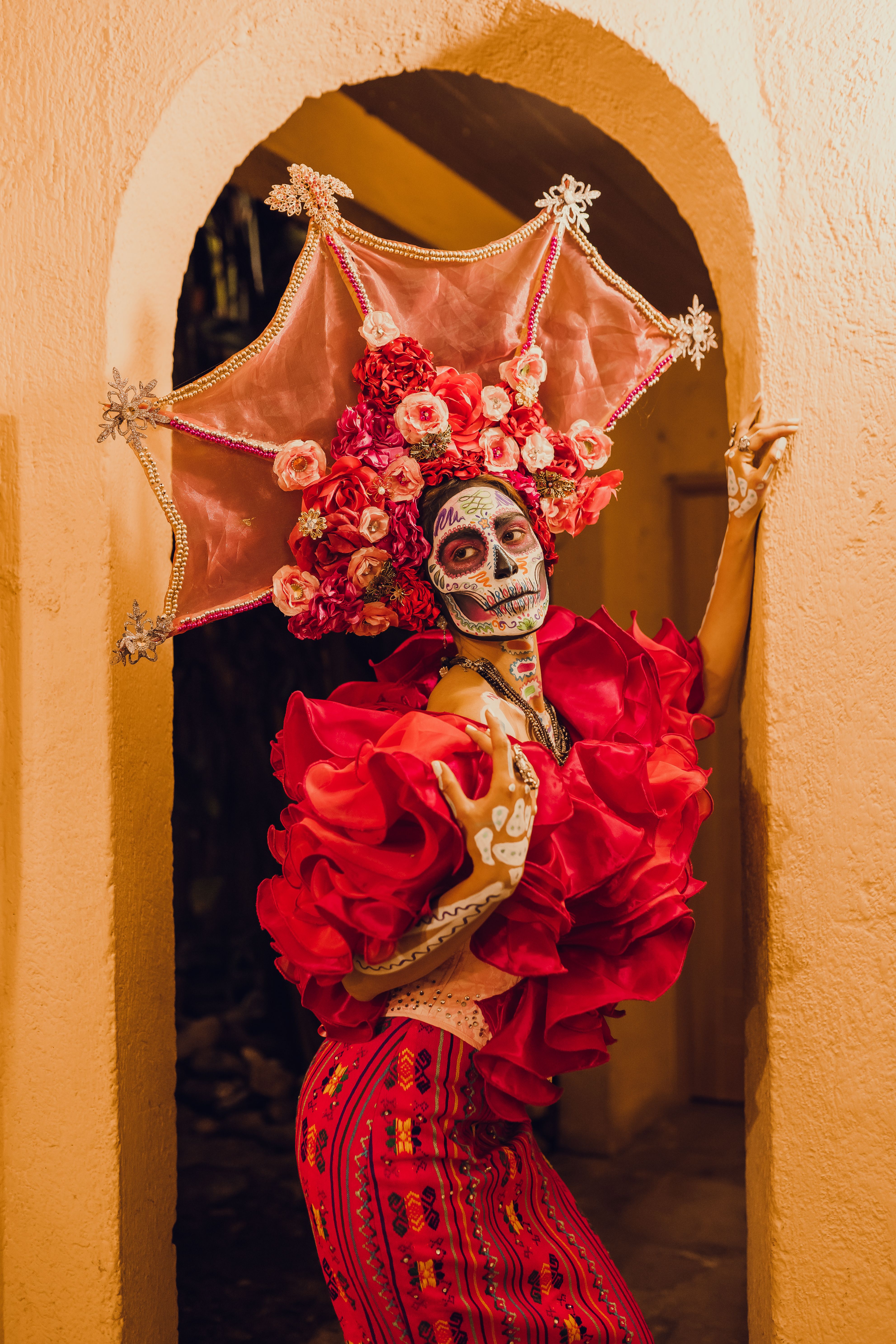 Woman in a Traditional Mexican Face Paint and a Floral Headpiece · Free ...