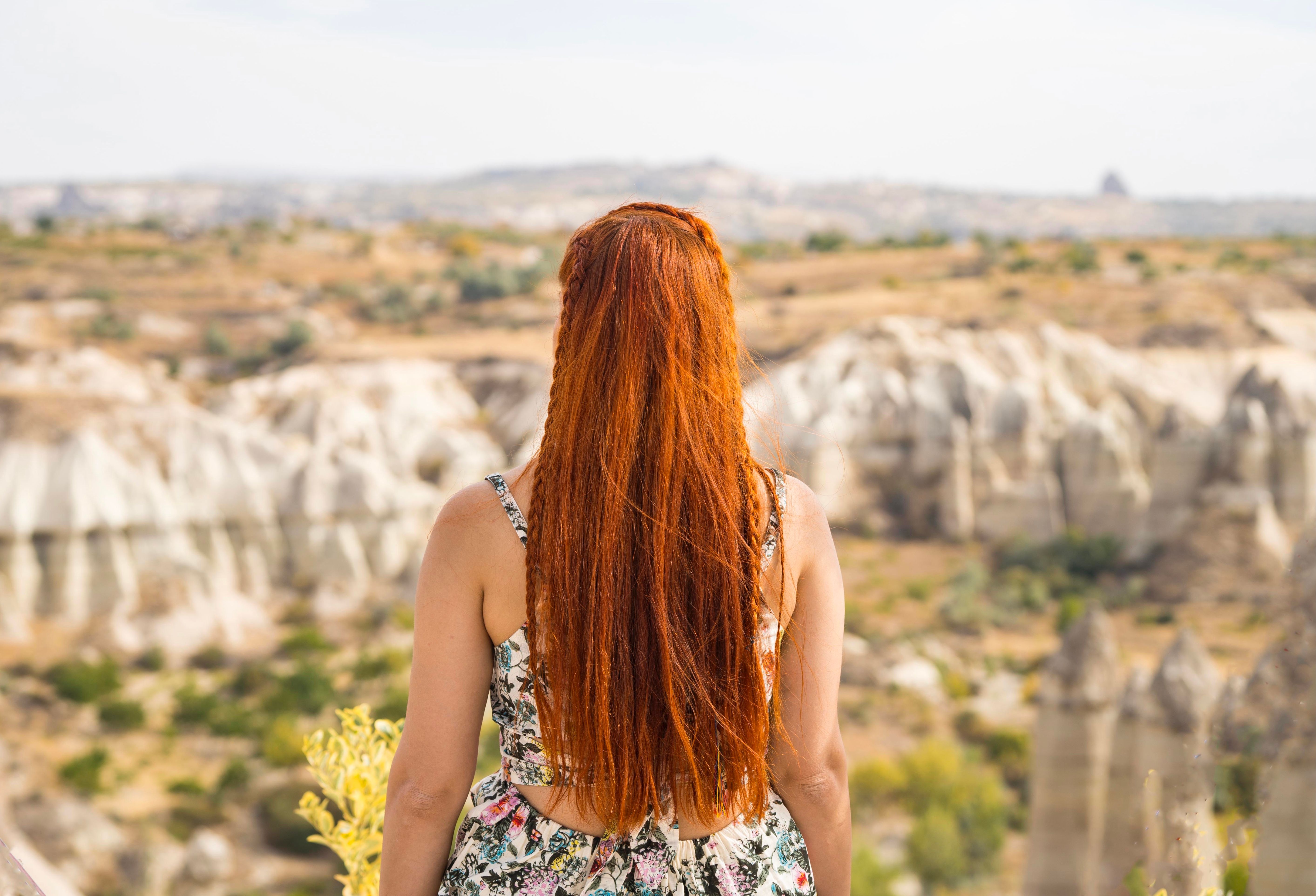 Unrecognizable Person with Long Red Hair Admiring Mountain View · Free ...
