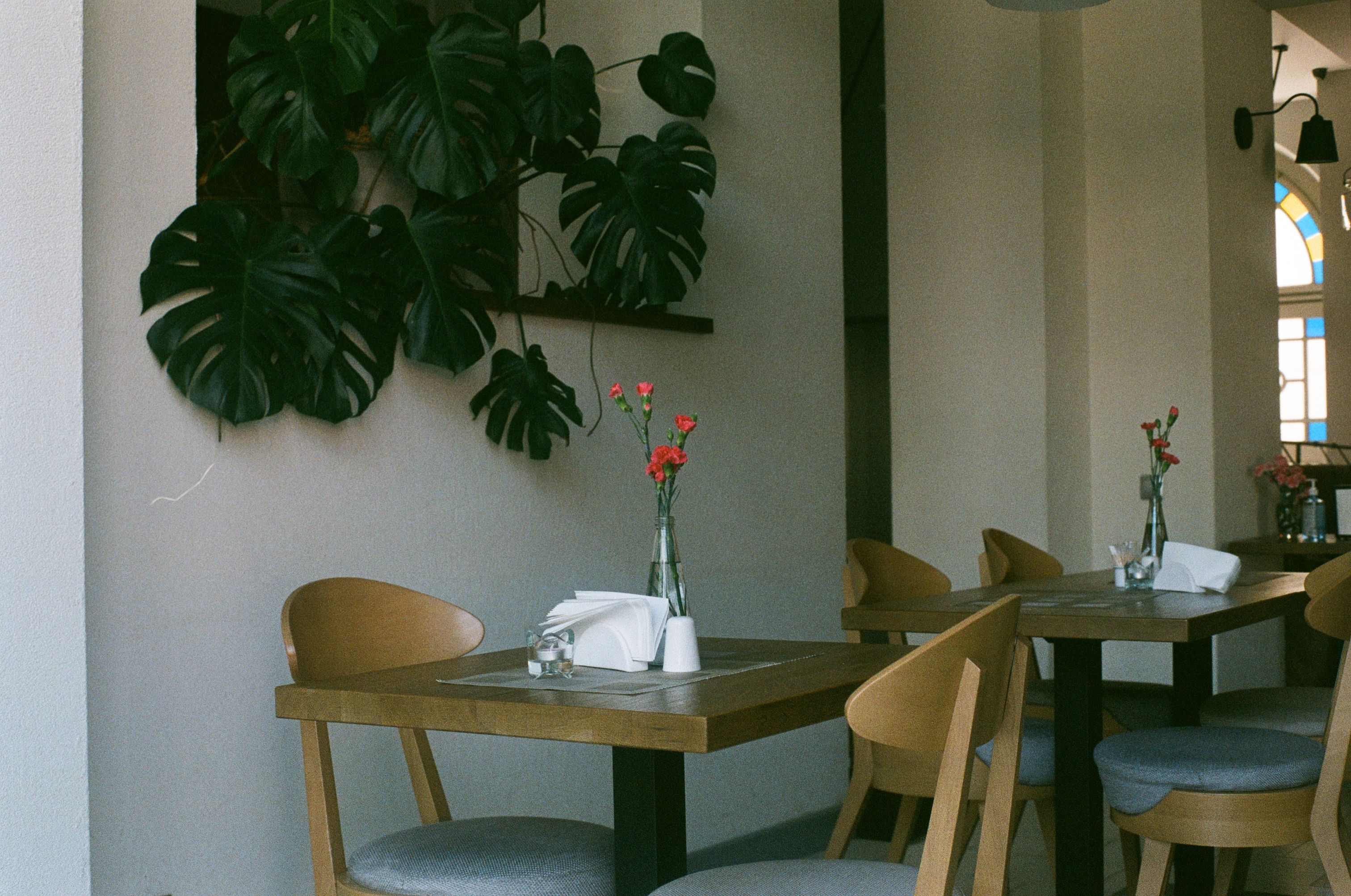 Flowers in Vases Standing on Tables in a Modern Cafe · Free Stock Photo