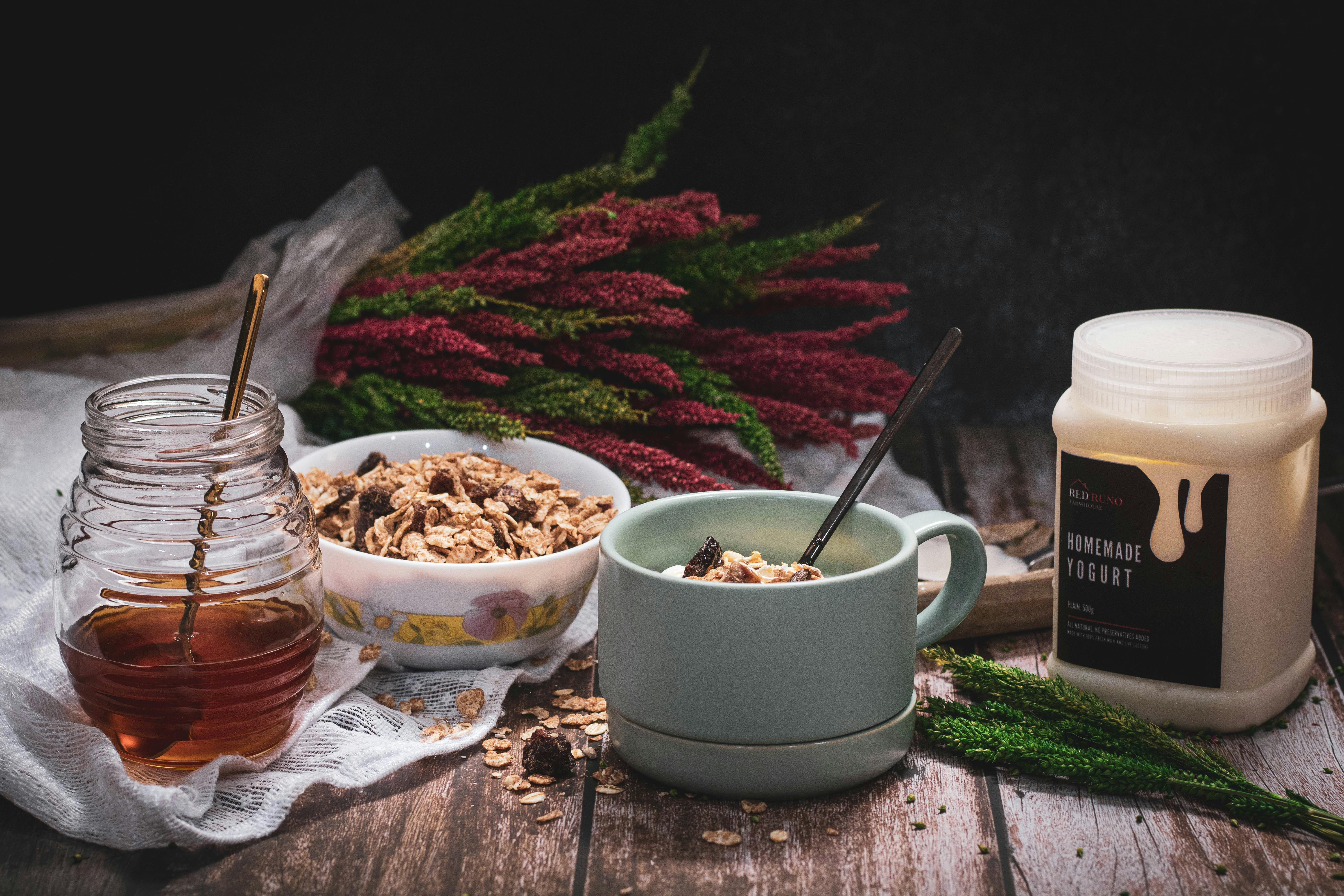 Honey, Yogurt, Twigs and Breakfast Cereal · Free Stock Photo