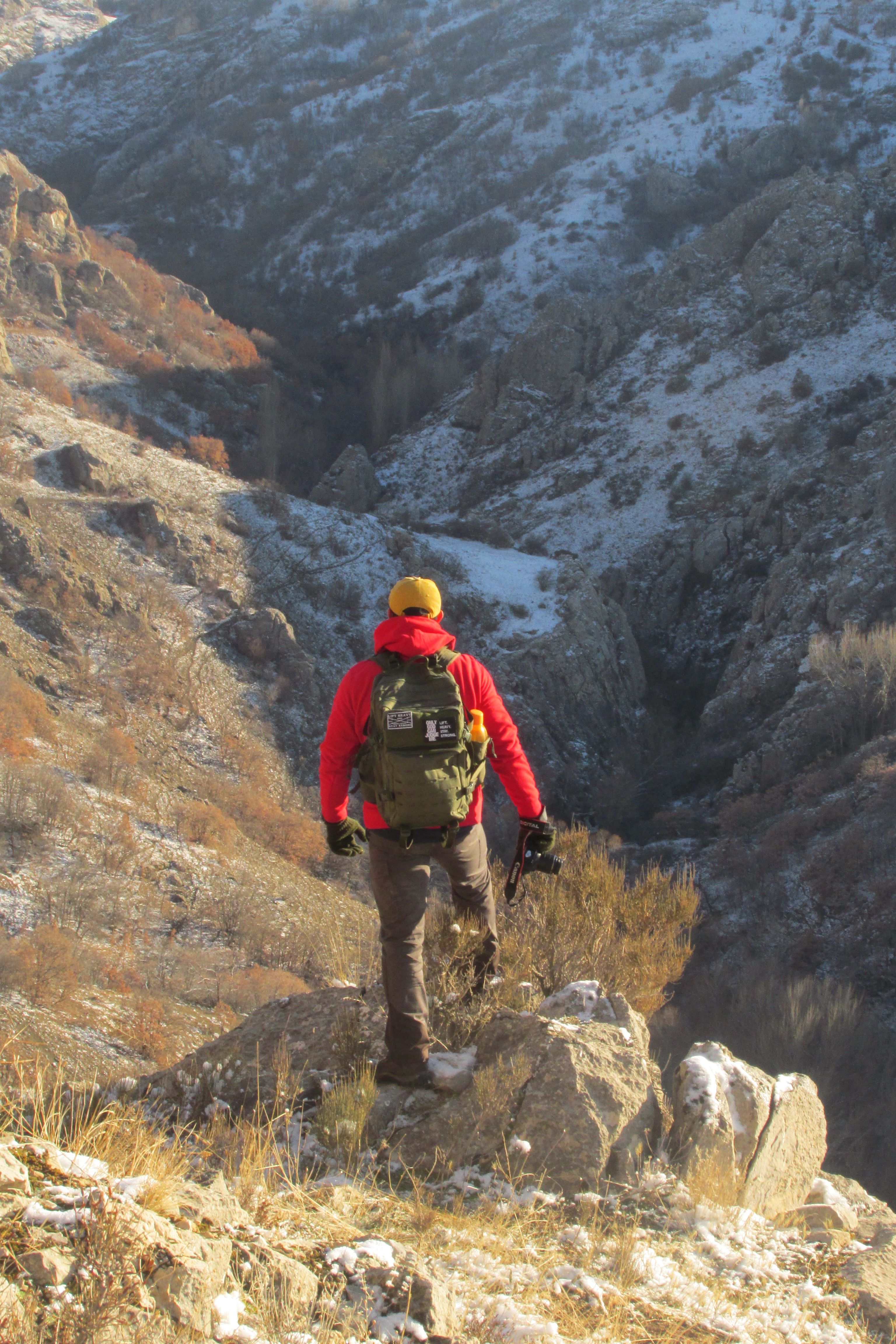 A Back View of a Man in Red Jacket Standing on Mountain · Free Stock Photo