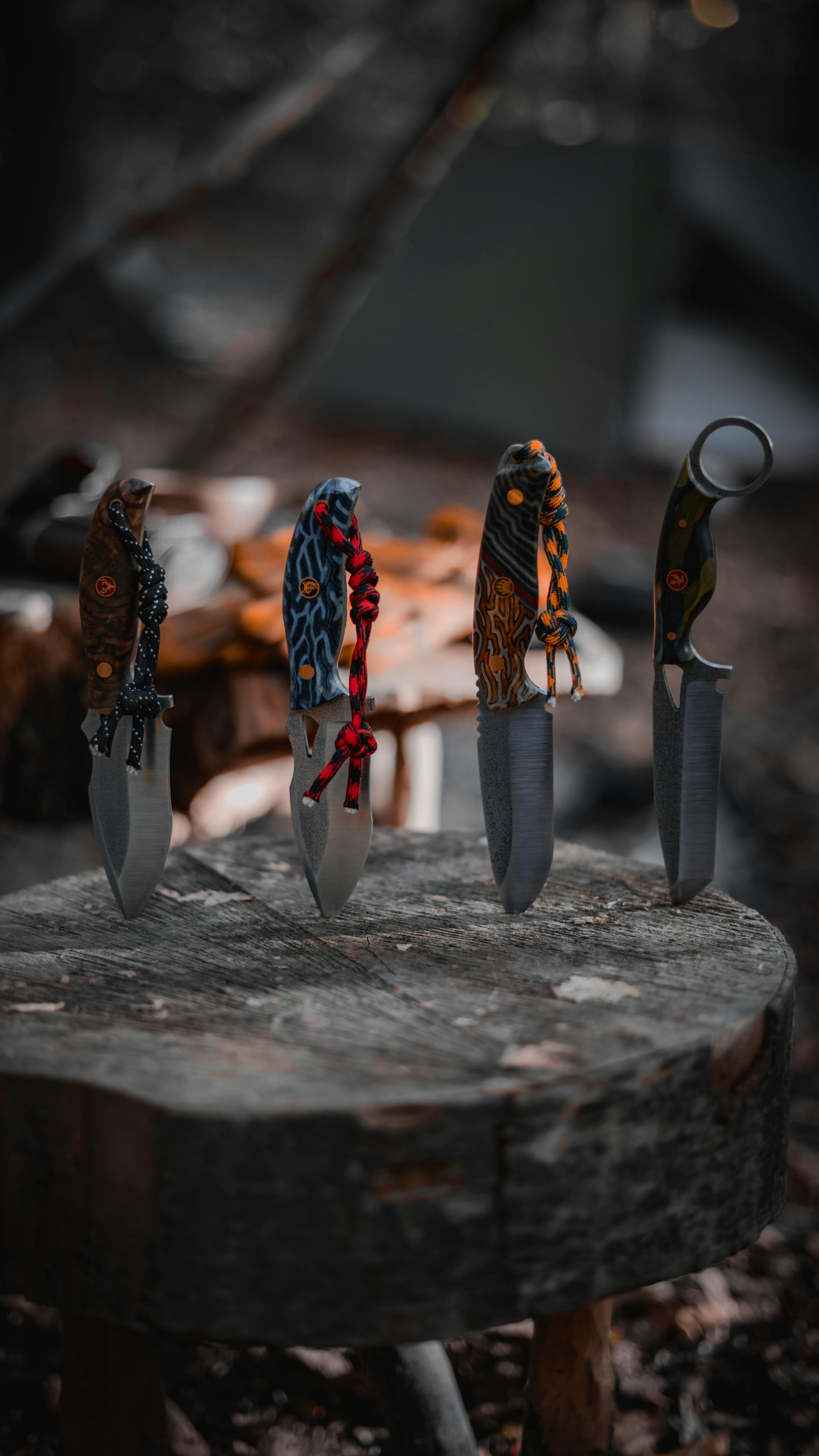 Close-up of Knives Stuck in a Tree Stump · Free Stock Photo