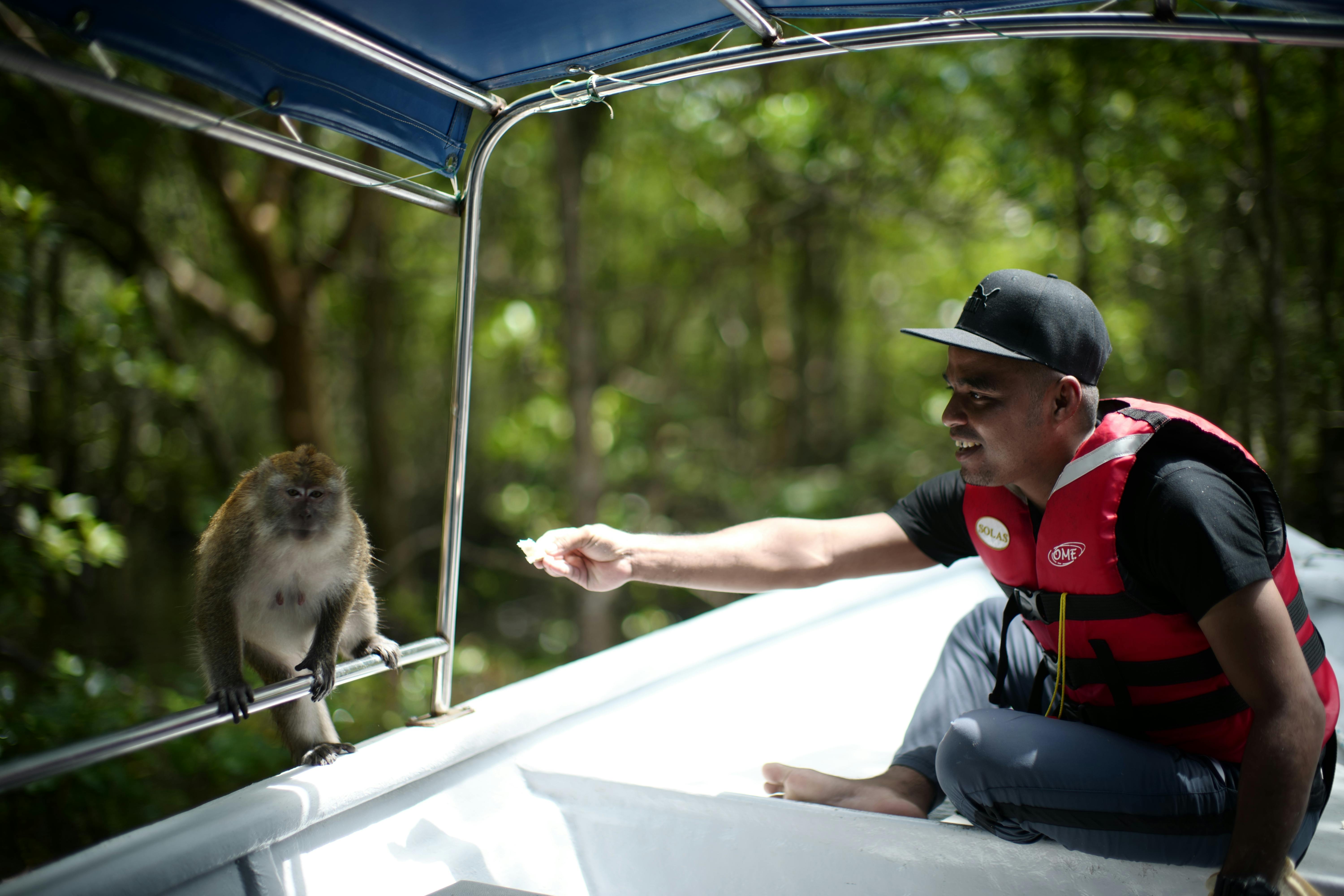 Man in Life Jacket Sitting in Boat Feeding Monkey · Free Stock Photo