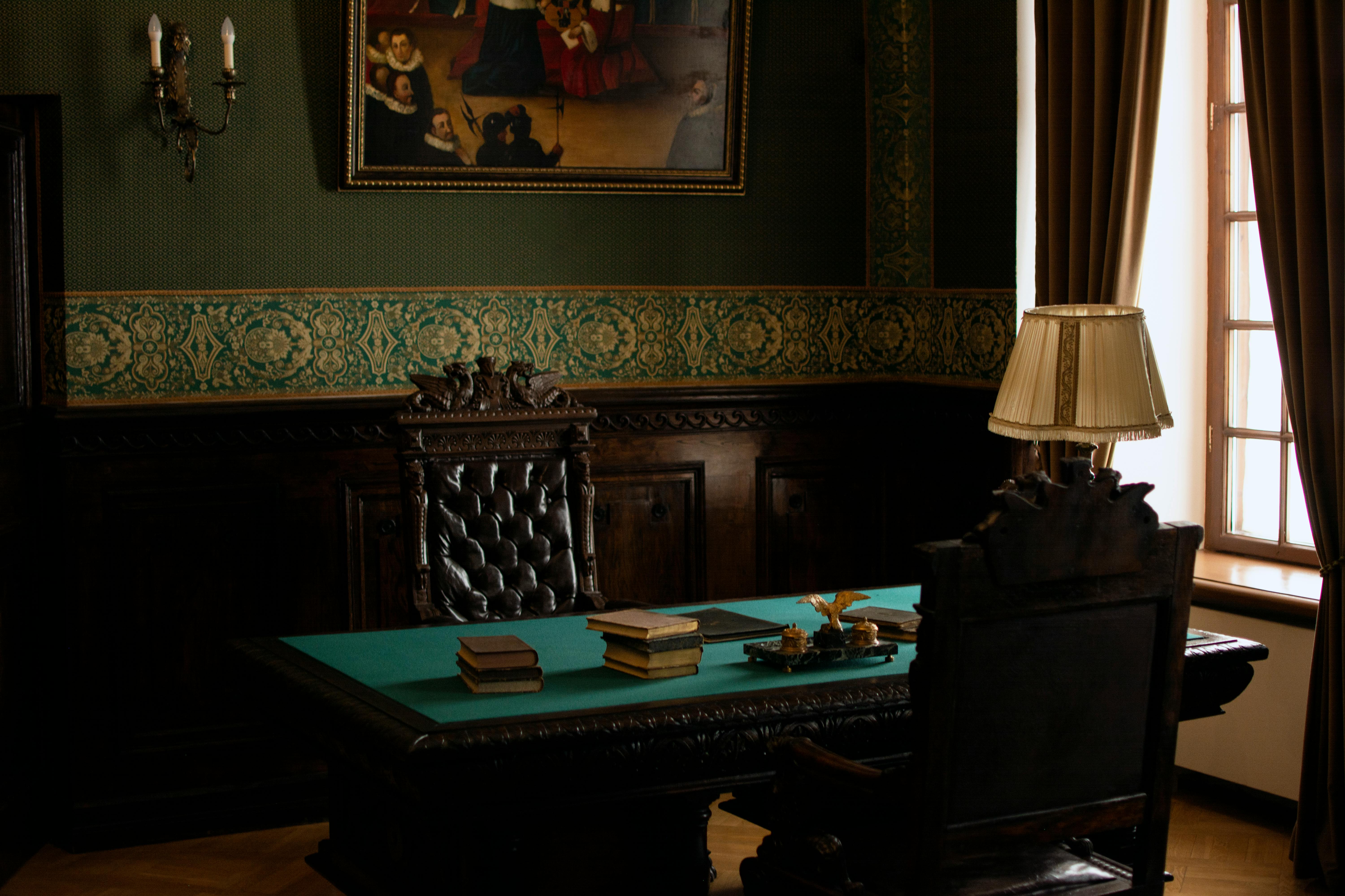 Old-fashioned Office with Green Covered Wooden Table · Free Stock Photo
