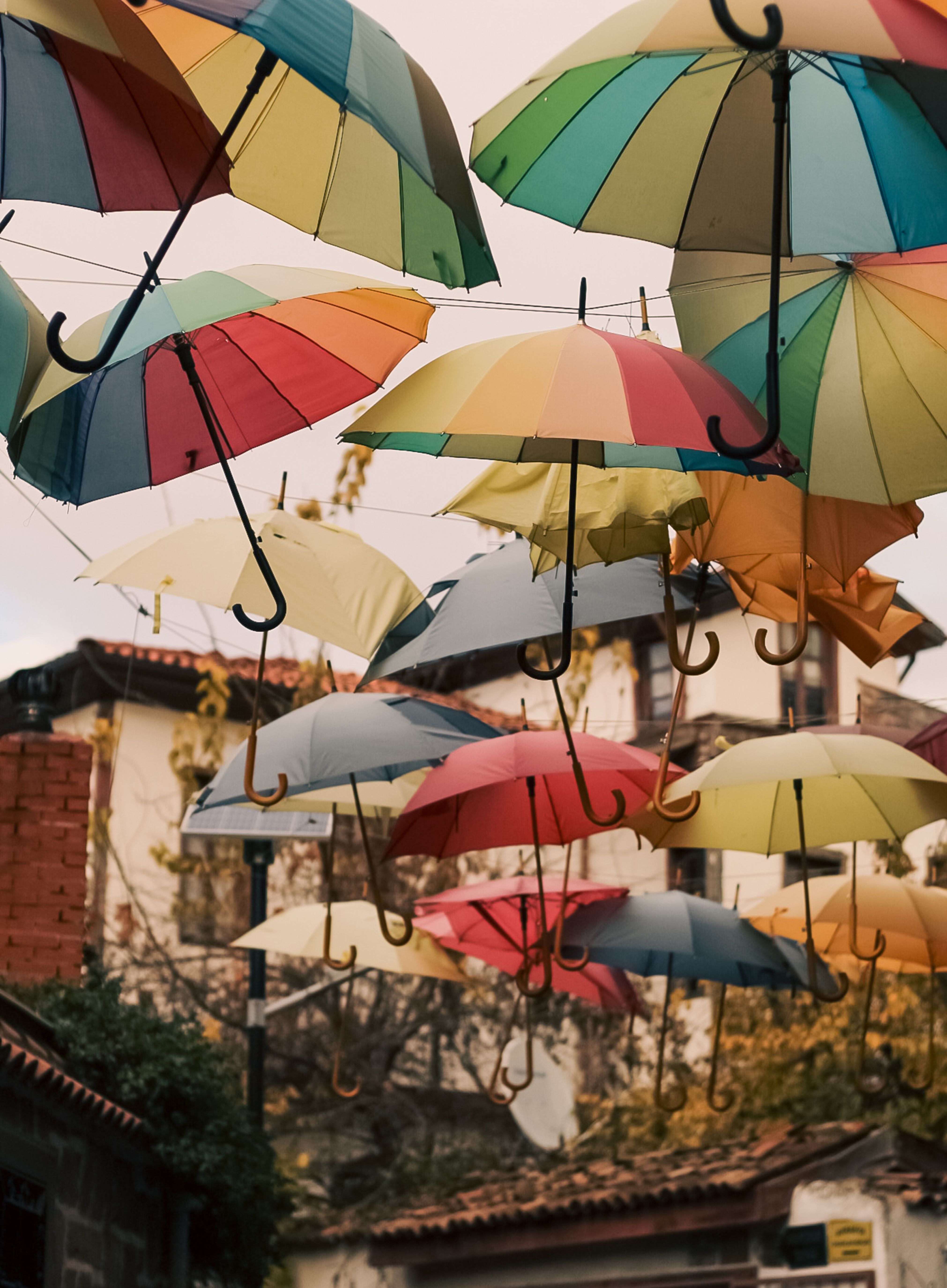 Assorted Coloured Umbrellas Hanging Near Buildings · Free Stock Photo
