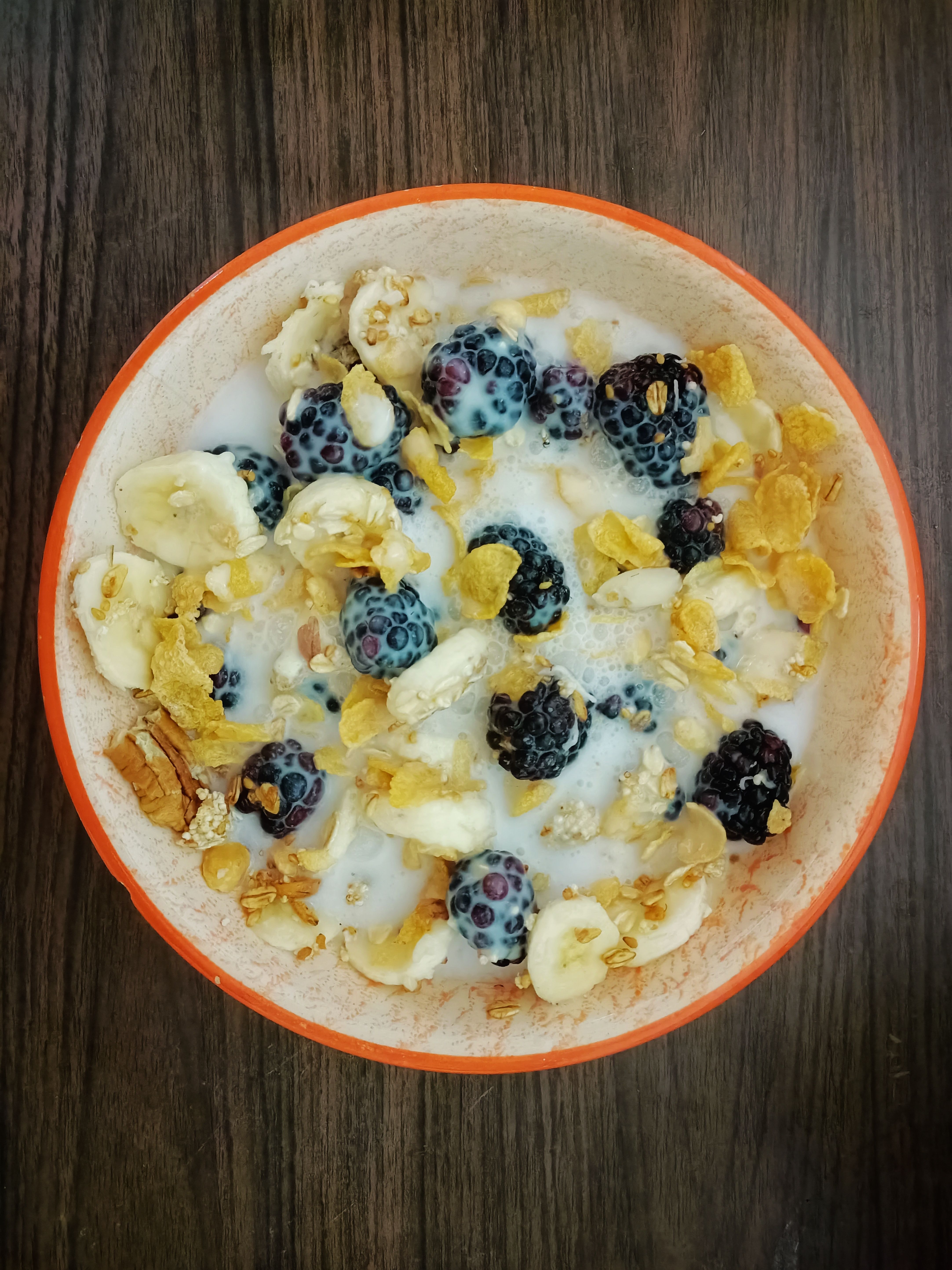 Ceramic Bowl of Cereals with Blackberries and Milk · Free Stock Photo