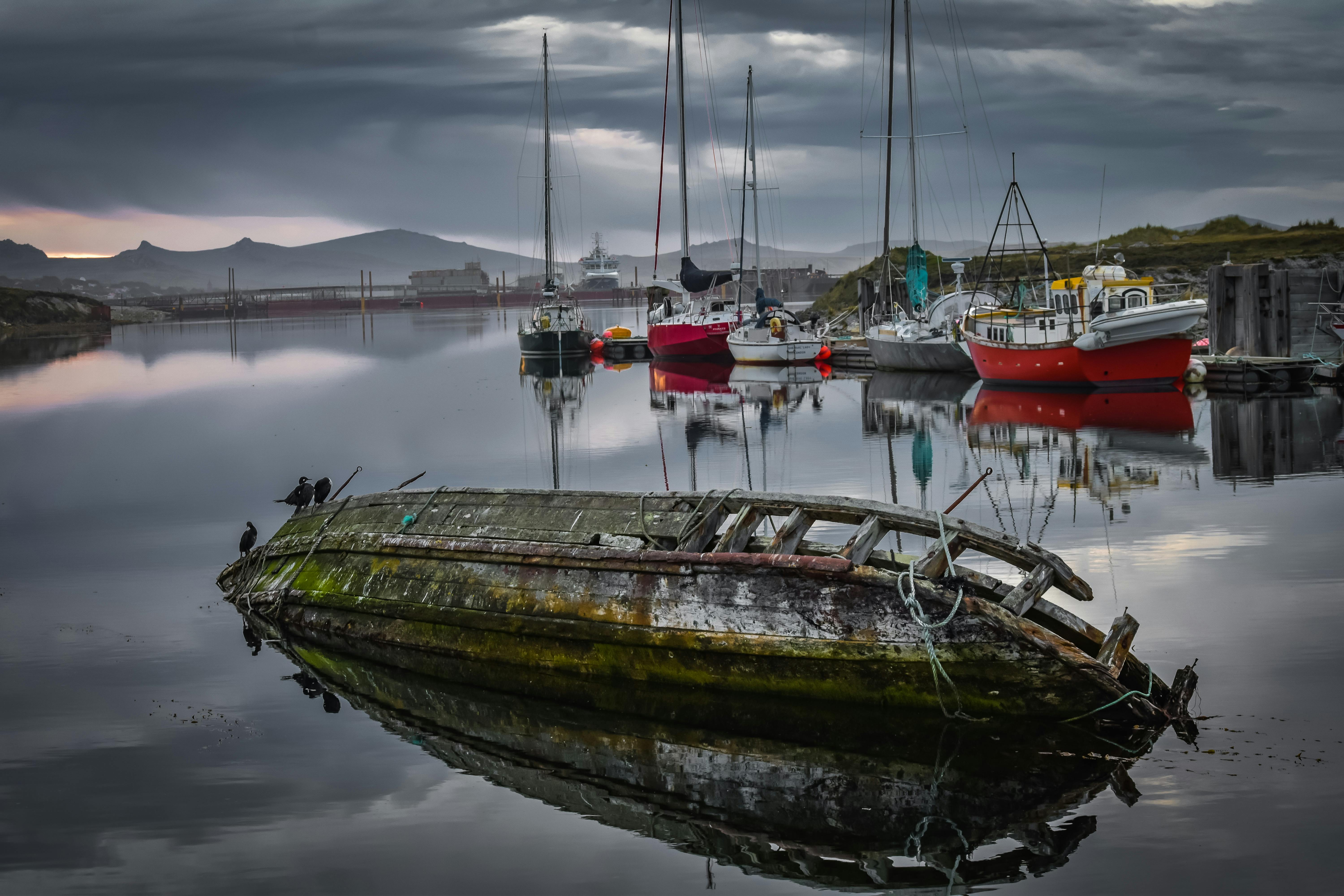 White Wooden Boat Adrift at Shore Under Grey Cloudy Sky · Free Stock Photo