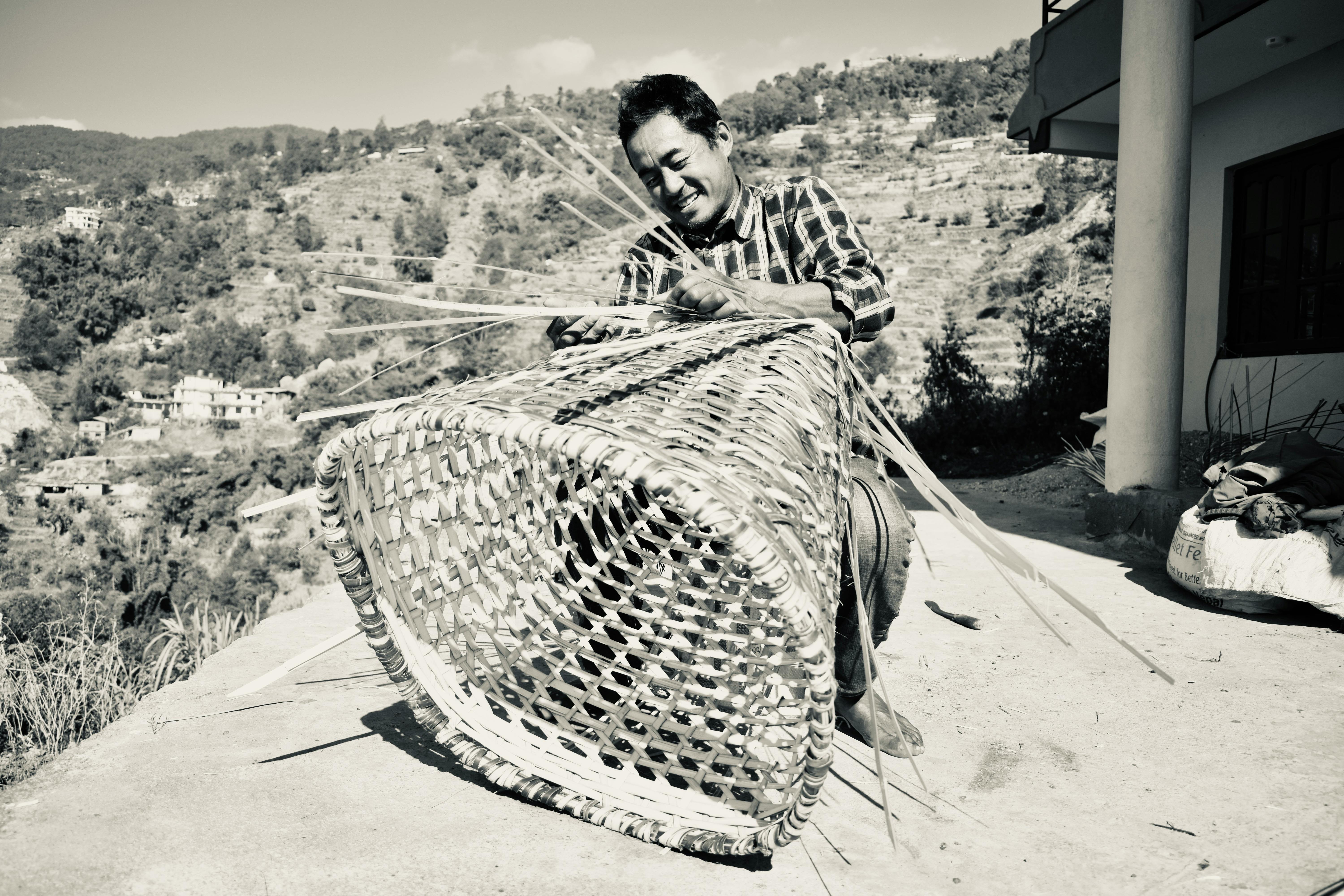 Grayscale Photo of a Man Making a Doko Basket · Free Stock Photo