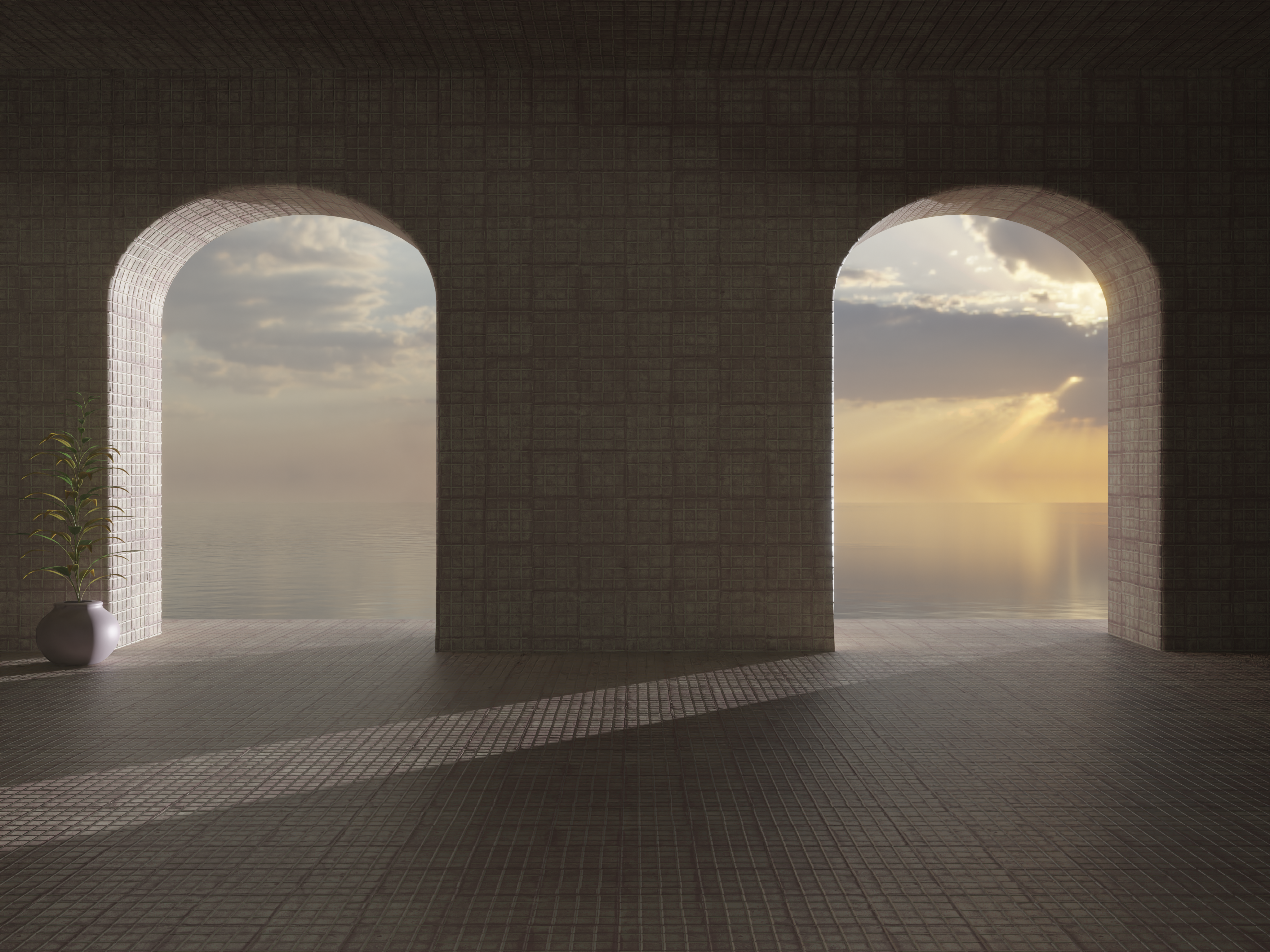 Empty Room with Arches and Sea Coast behind at Sunset · Free Stock Photo