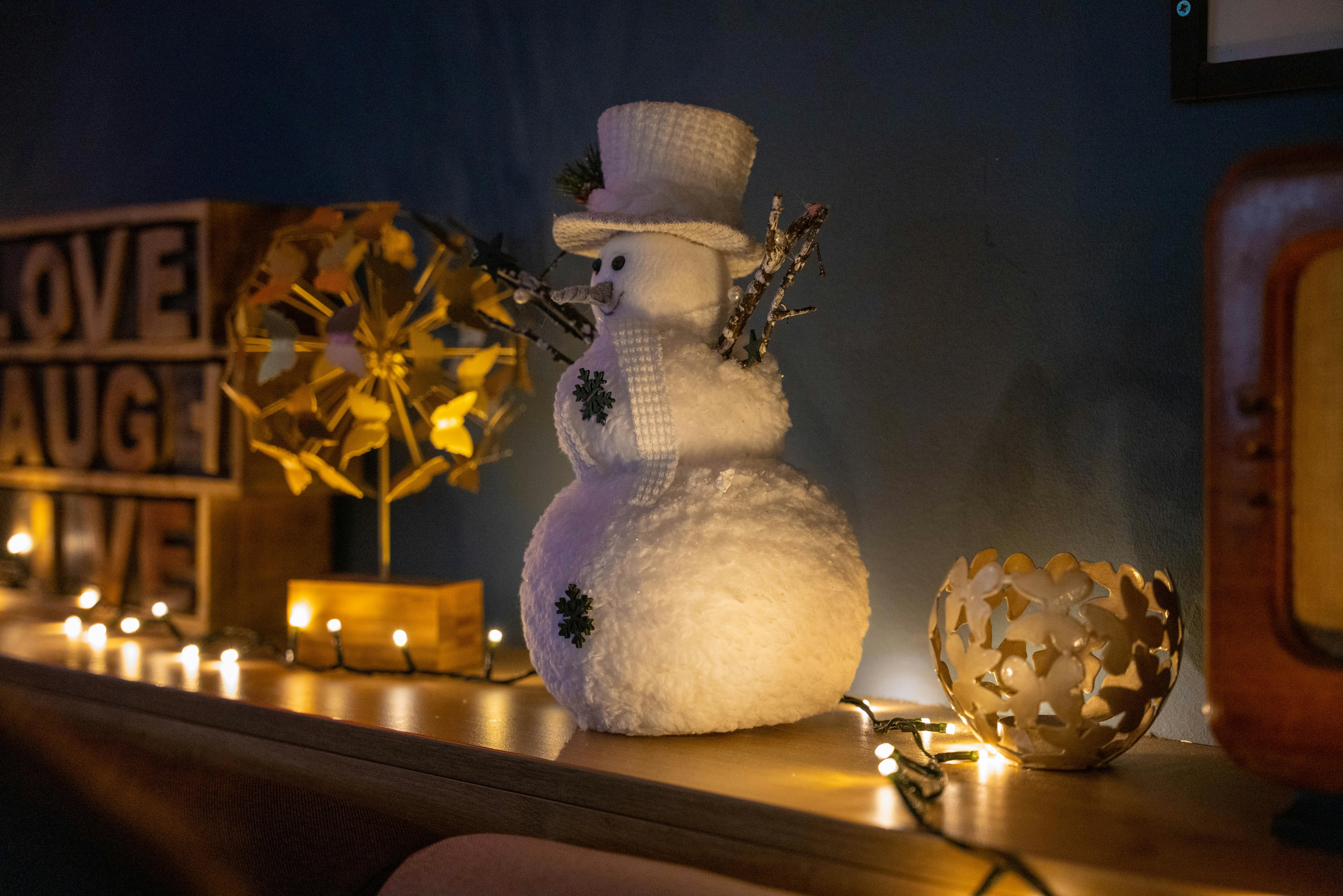 Fluffy Snowman Figurine Standing on a Shelf · Free Stock Photo