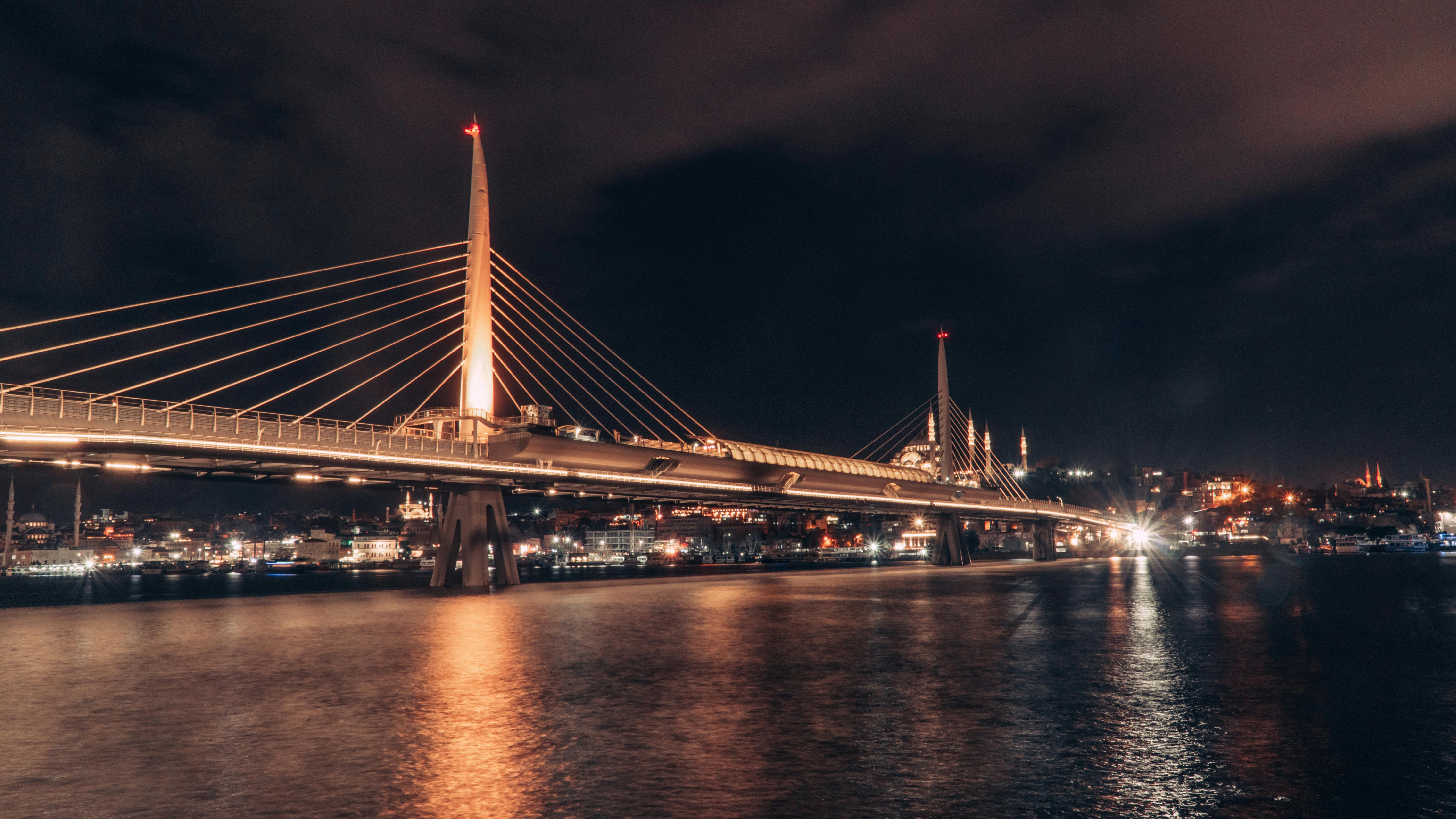 Illuminated Golden Horn Bridge at Night, Istanbul, Turkey · Free Stock ...