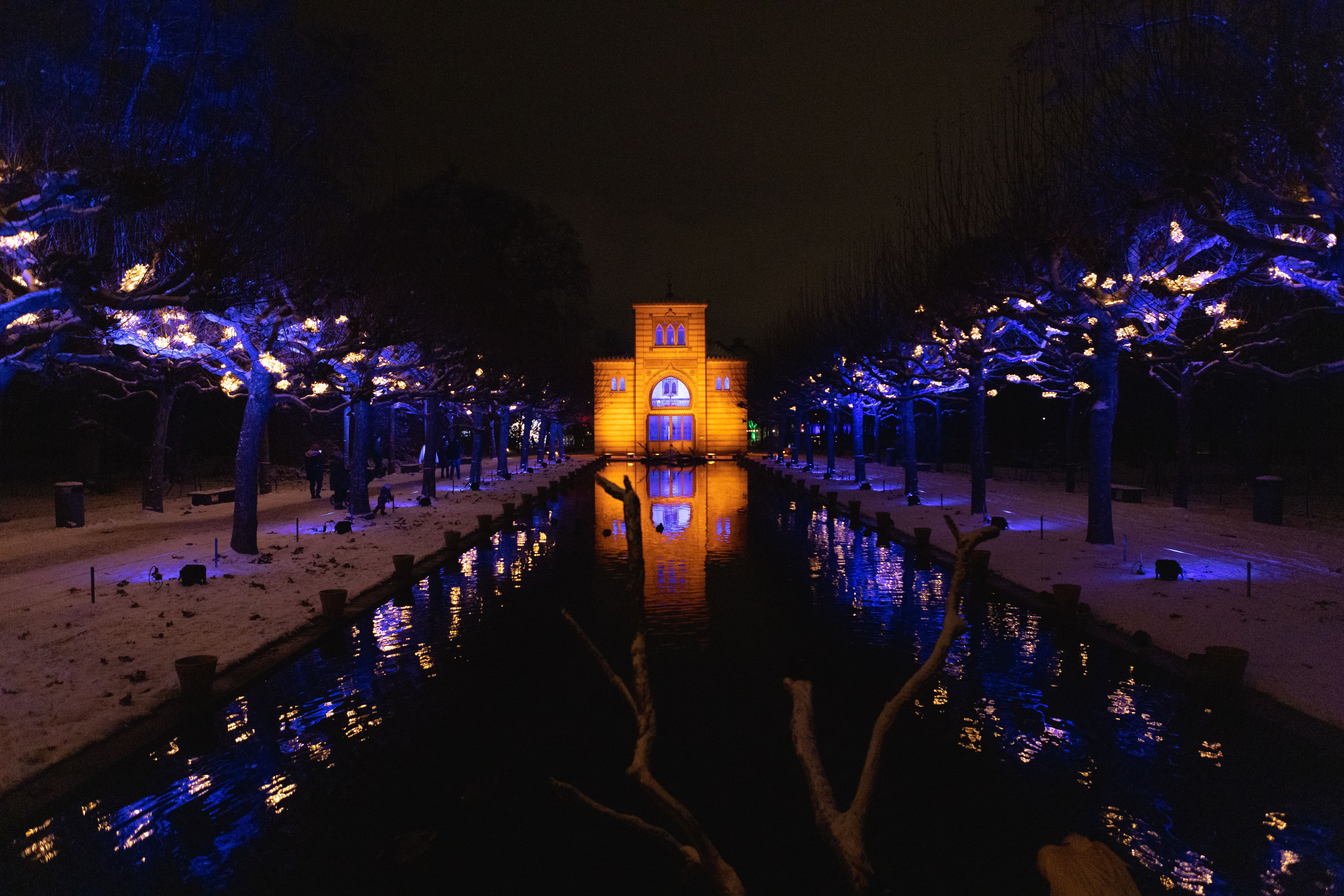 Illuminated Lights, Canal and Building · Free Stock Photo