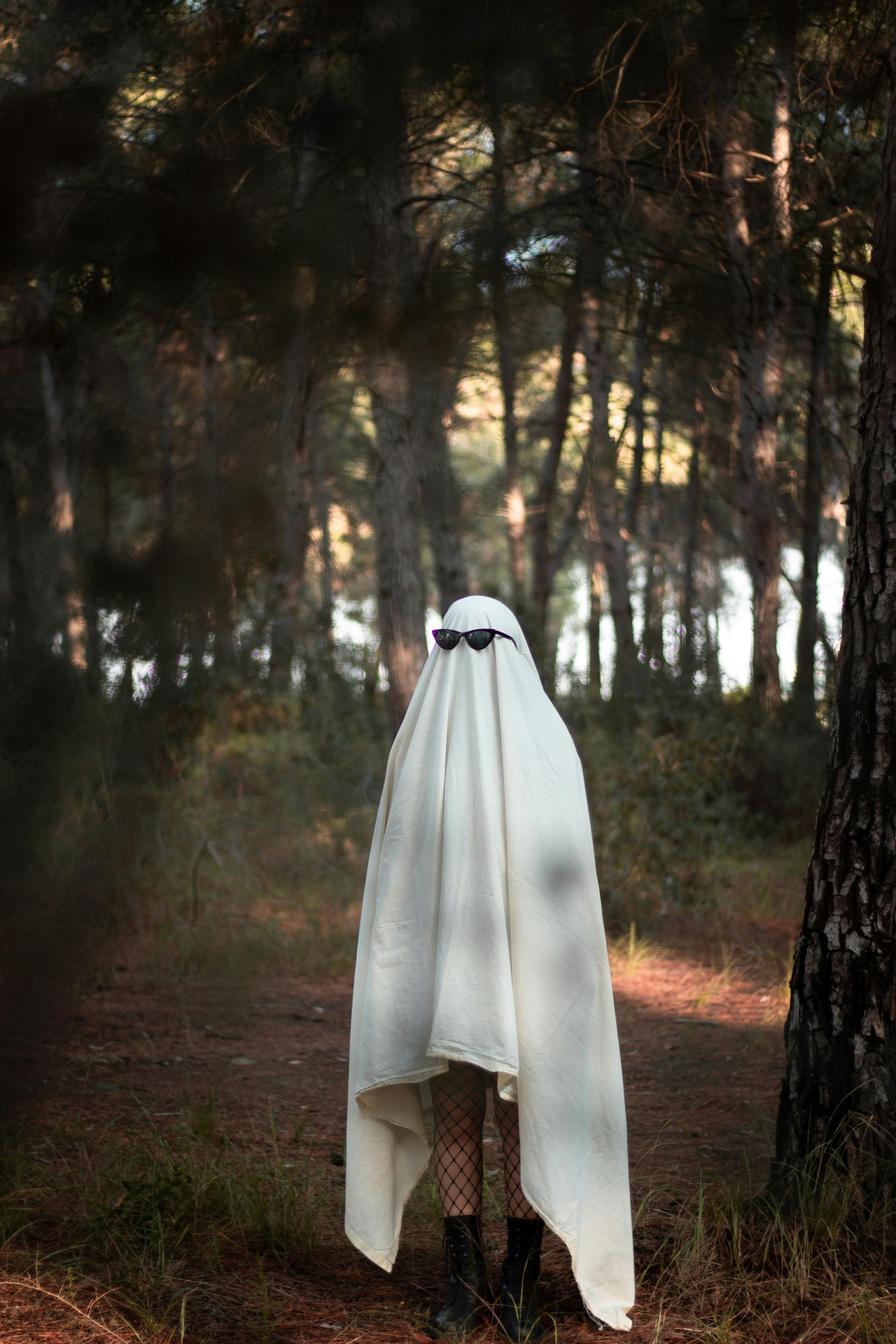 Person in a Ghost Costume with Sunglasses Standing in a Forest · Free ...