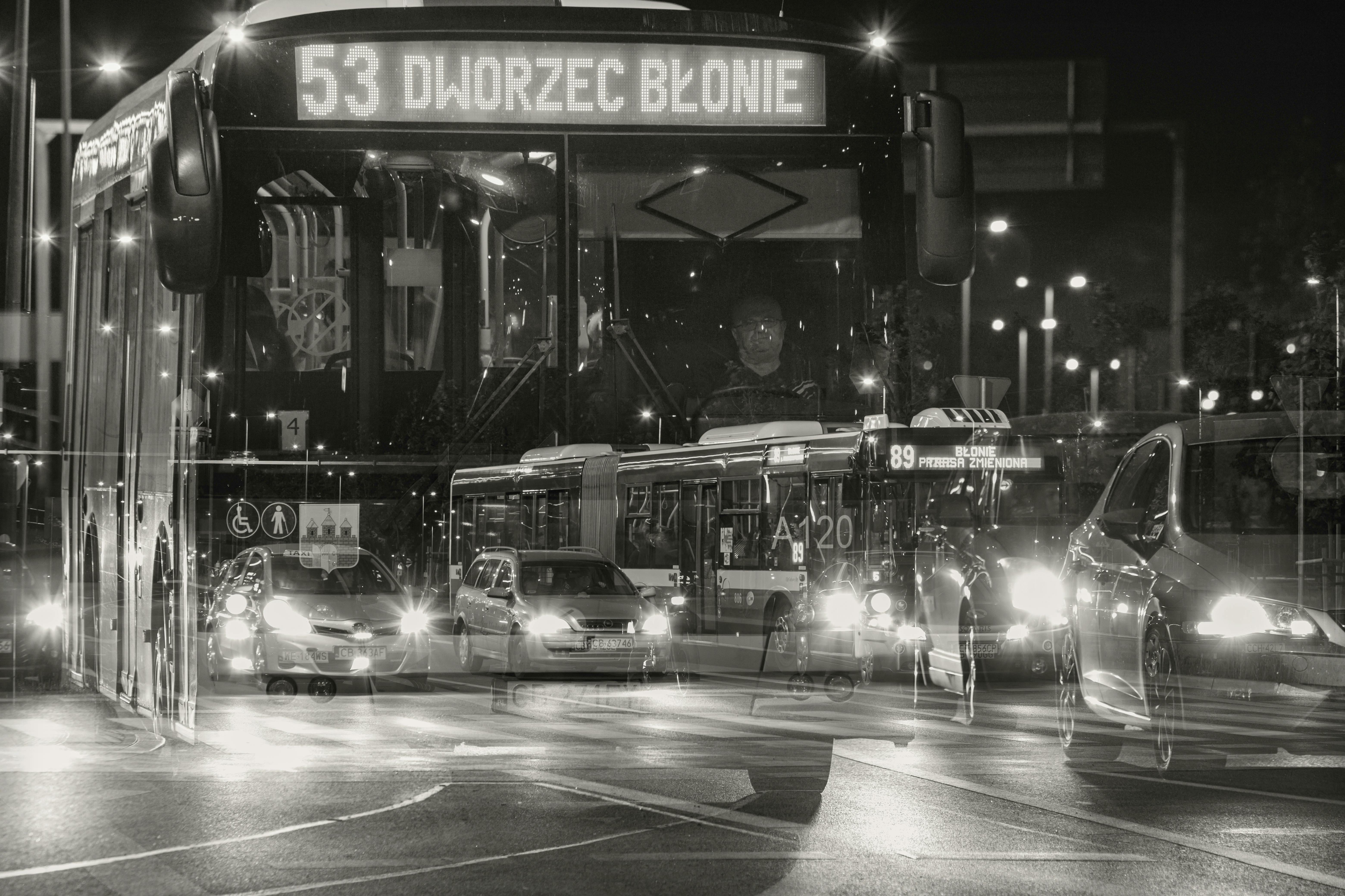 Blurred Cars and Bus on Street in Bydgoszcz in Black and White · Free ...