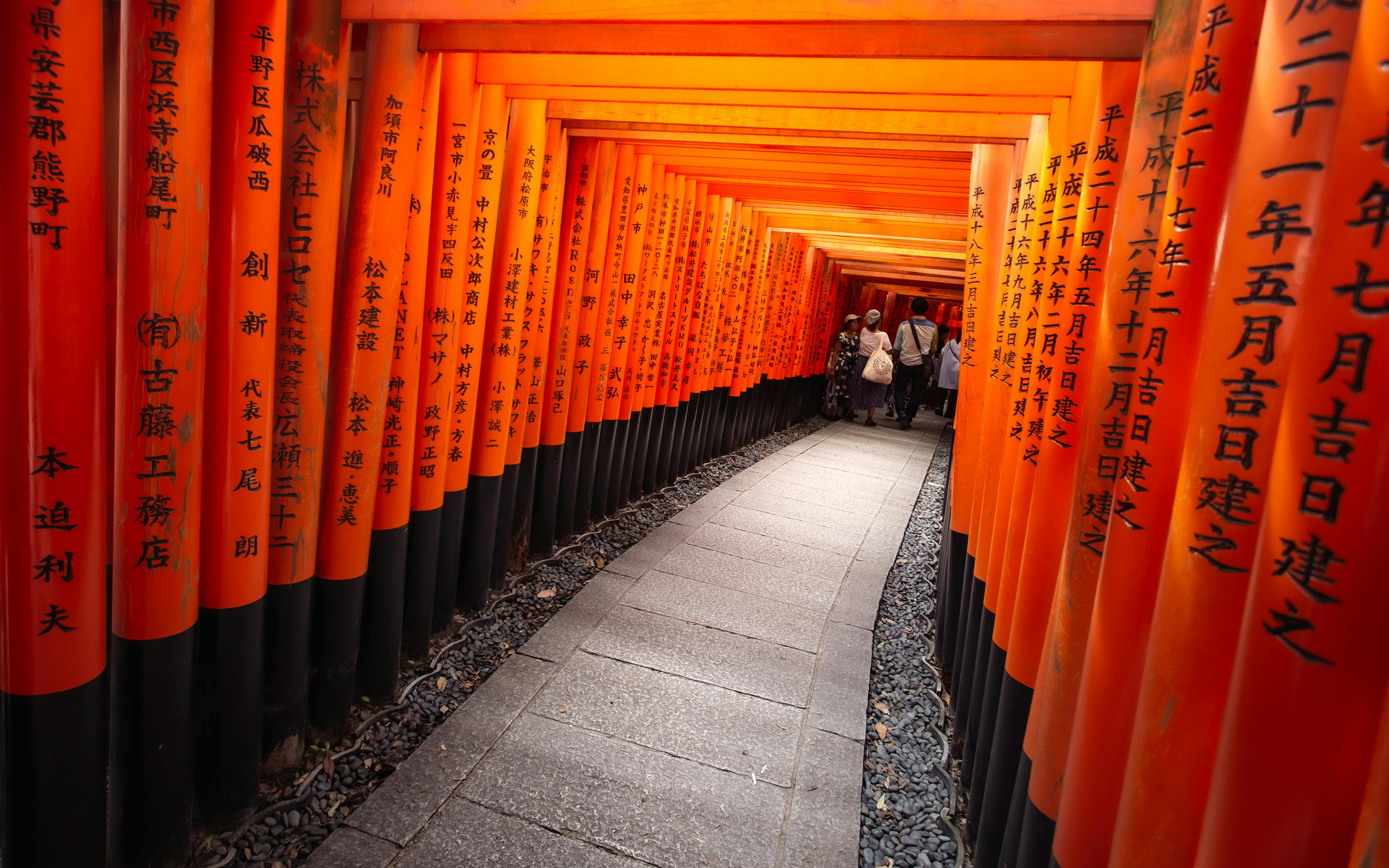 A tunnel with orange tori gates and chinese writing · Free Stock Photo