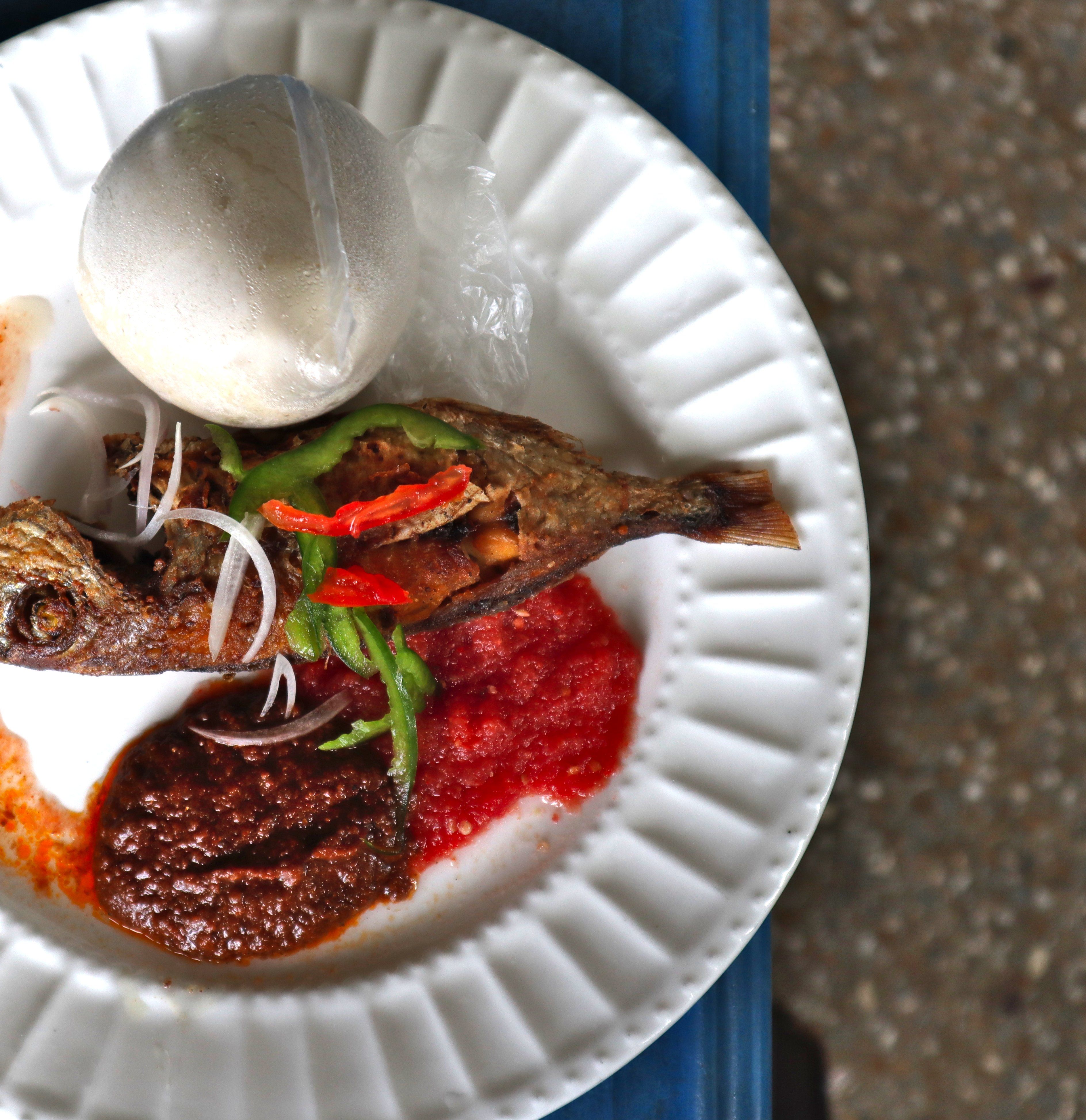 Free stock photo of banku, fish, food