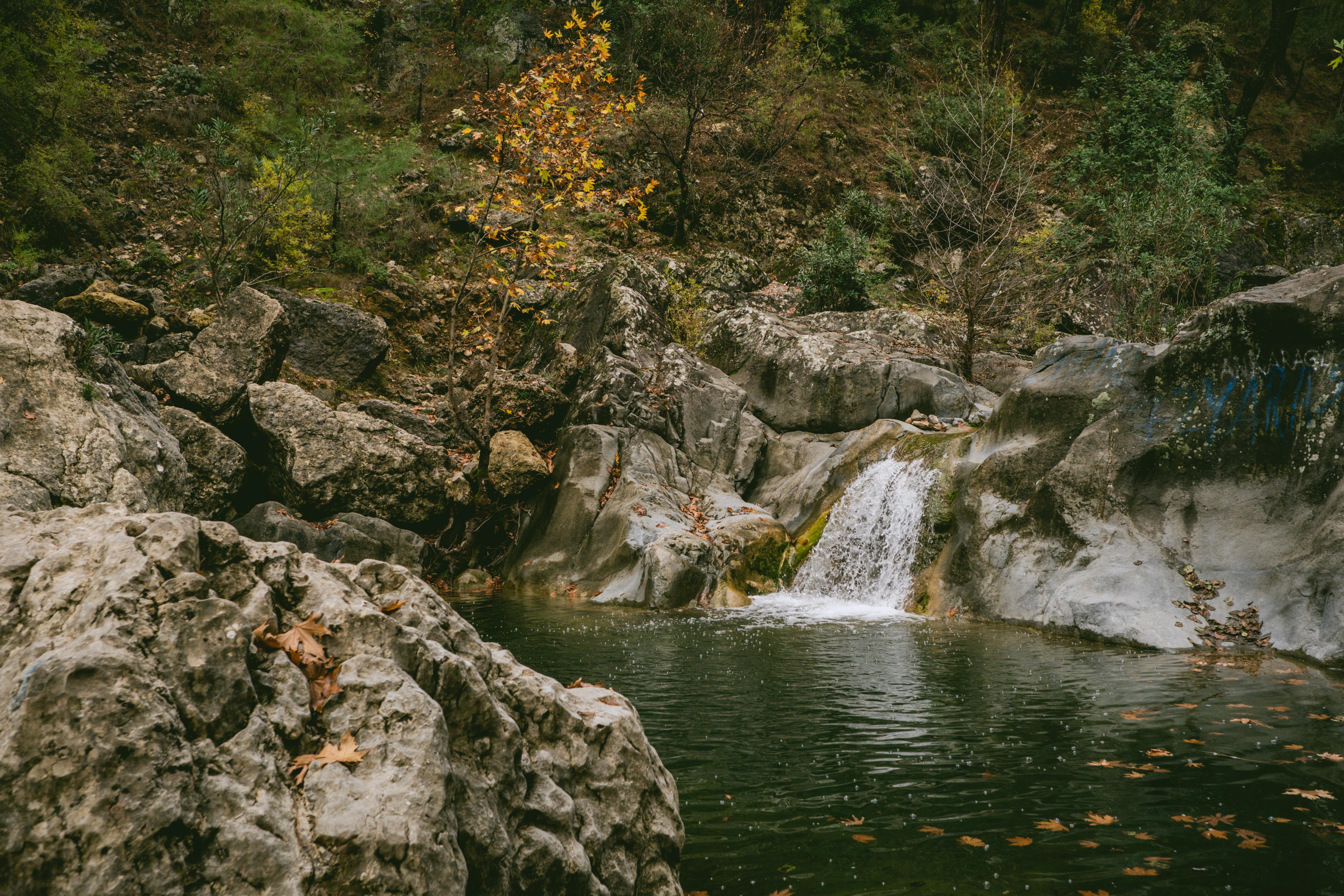 Waterfall Between Rocks Pooling into Lake · Free Stock Photo