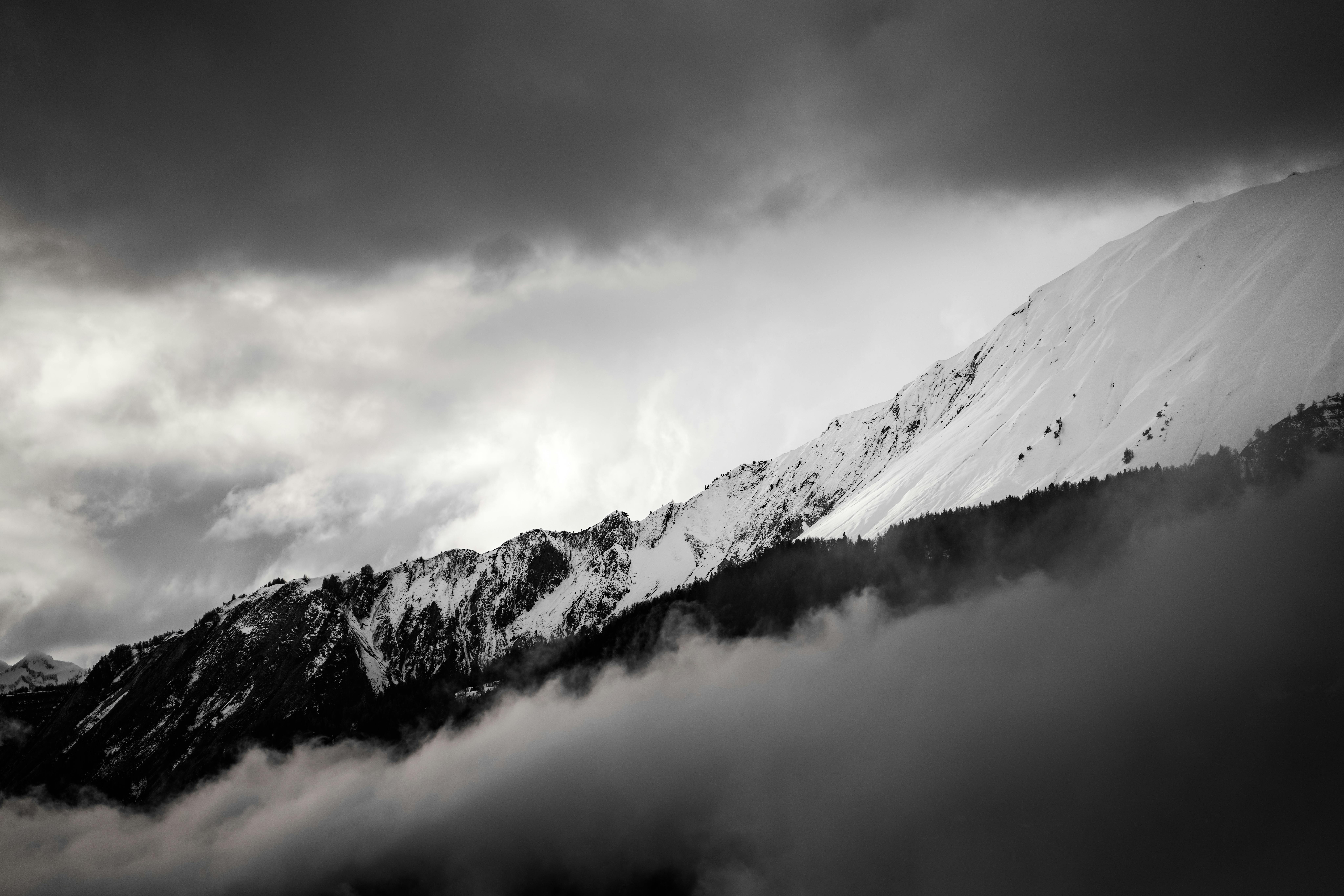 Grayscale Photo of Mountains Covered With Snow and Trees · Free Stock Photo