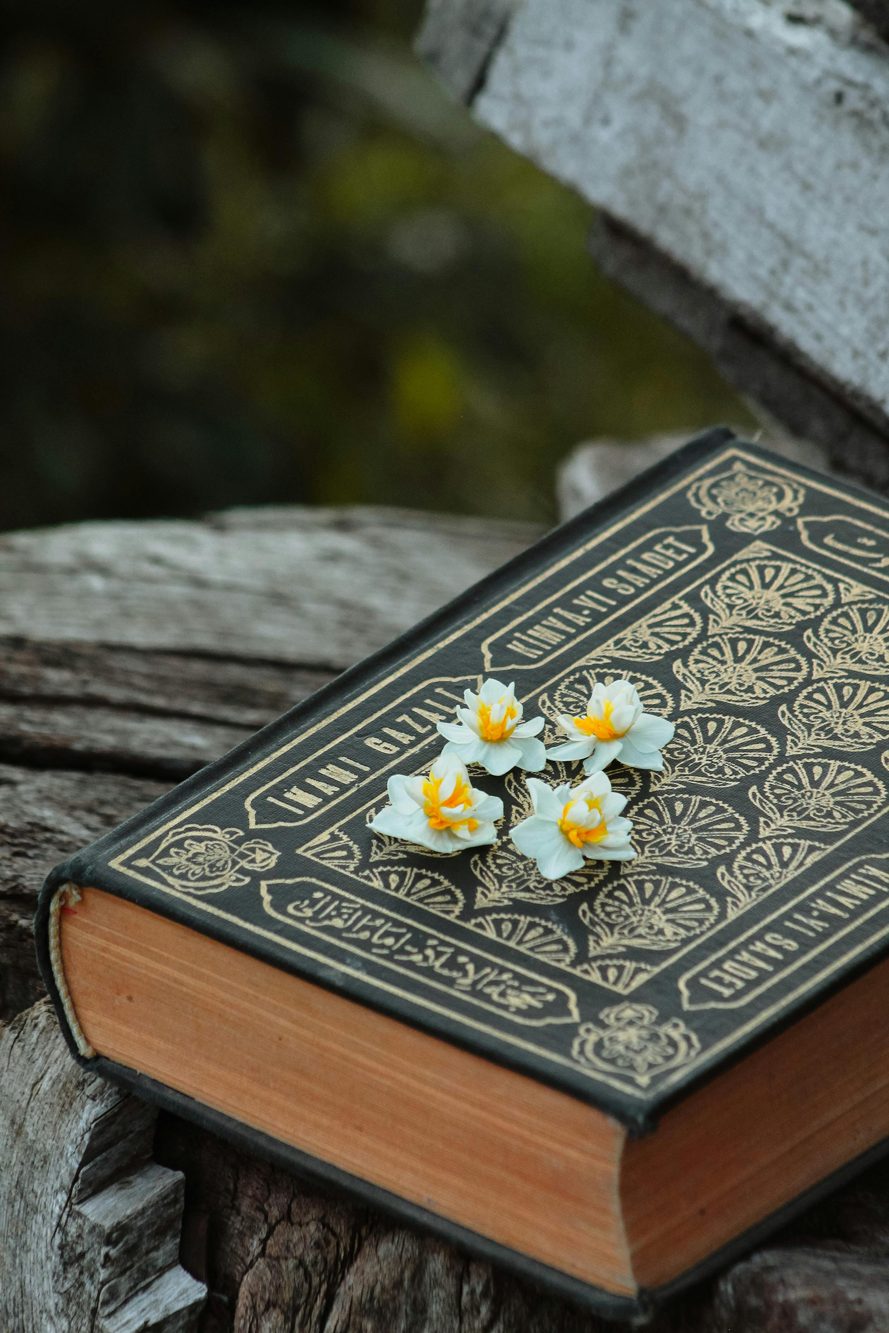 White Flowers on Book · Free Stock Photo