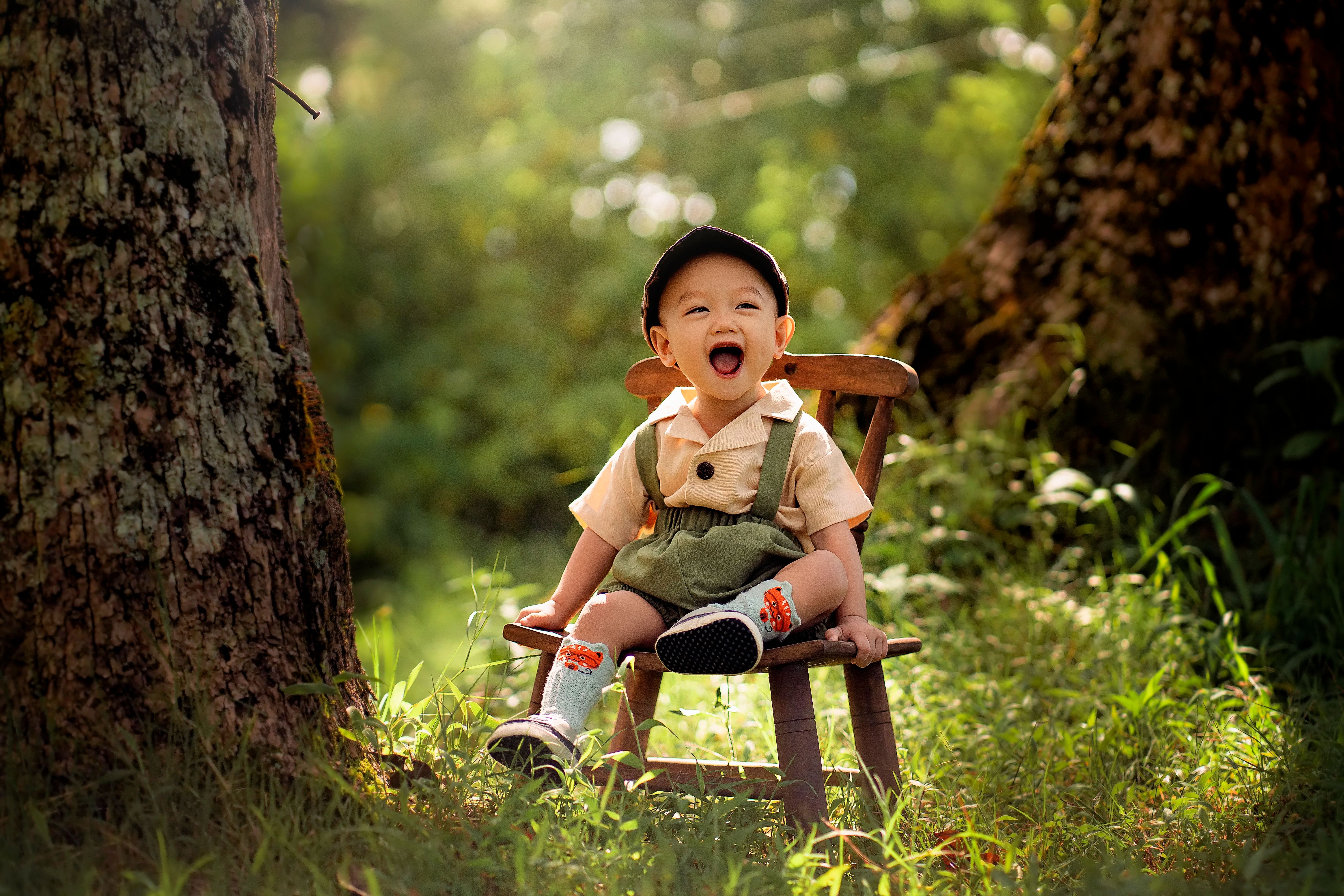 Happy Young Boy Sitting on Chair in Sunny Forest · Free Stock Photo