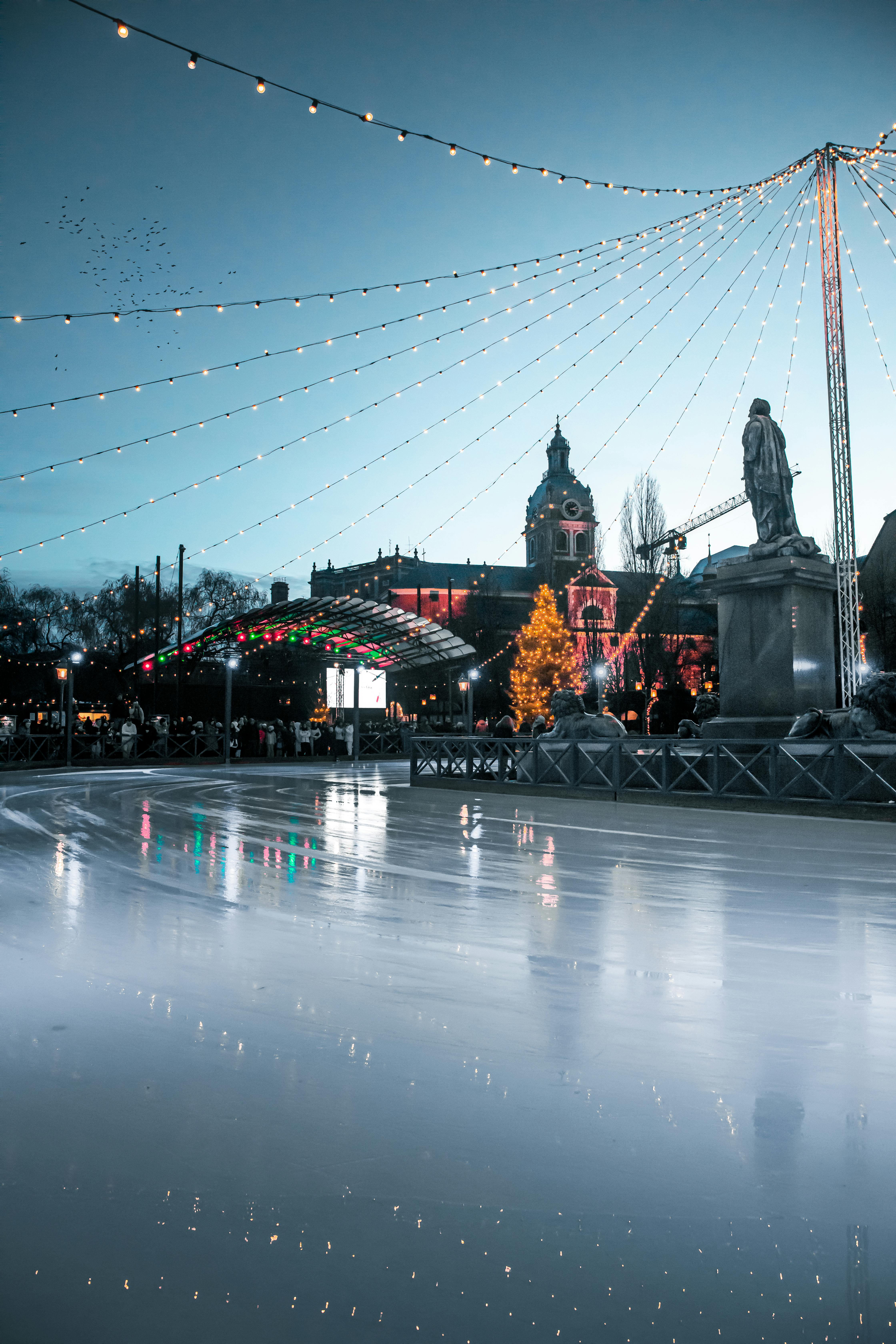 A frozen ice rink with lights and a bridge · Free Stock Photo