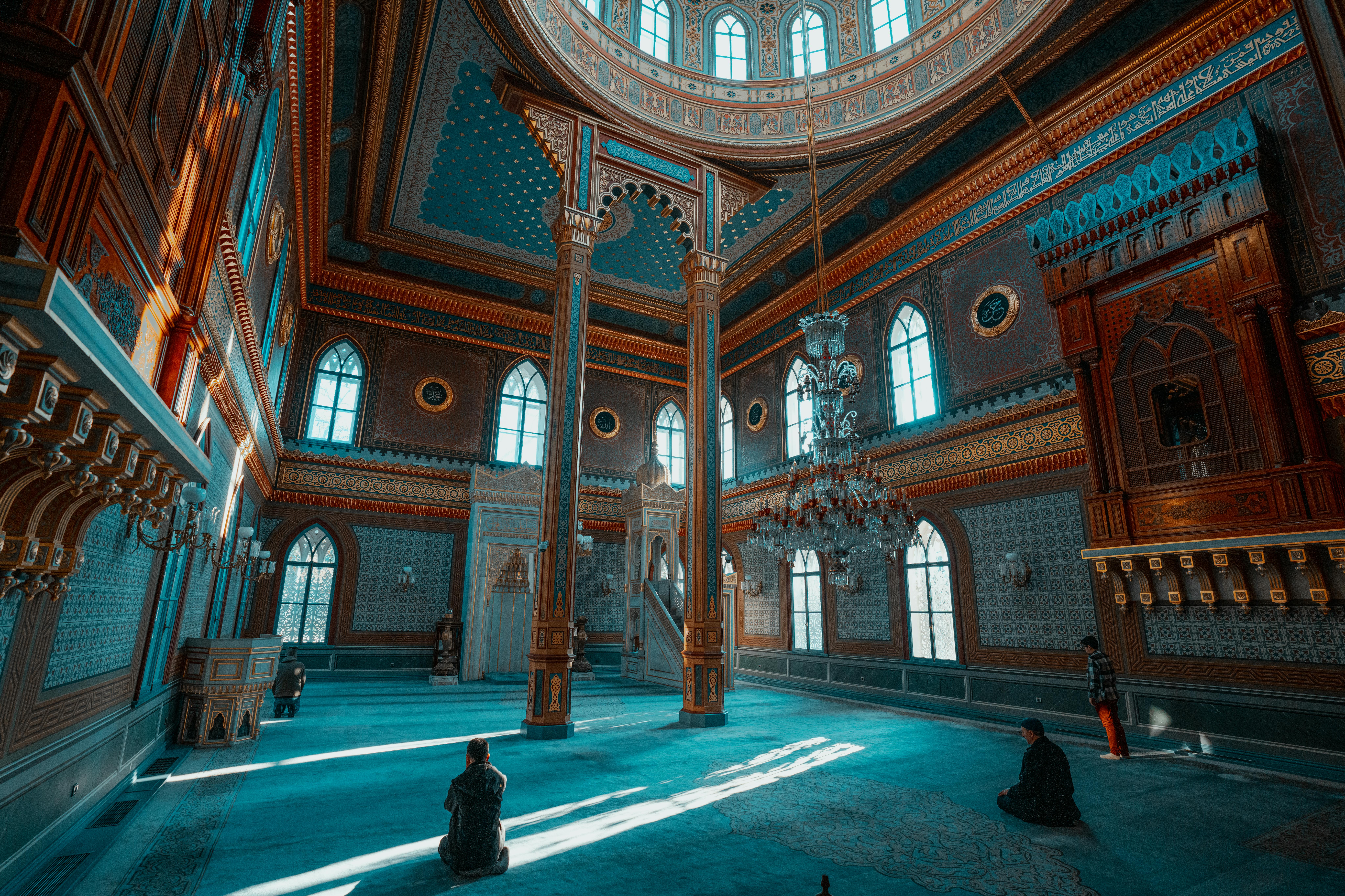 People Praying in Ornate Mosque Interior · Free Stock Photo