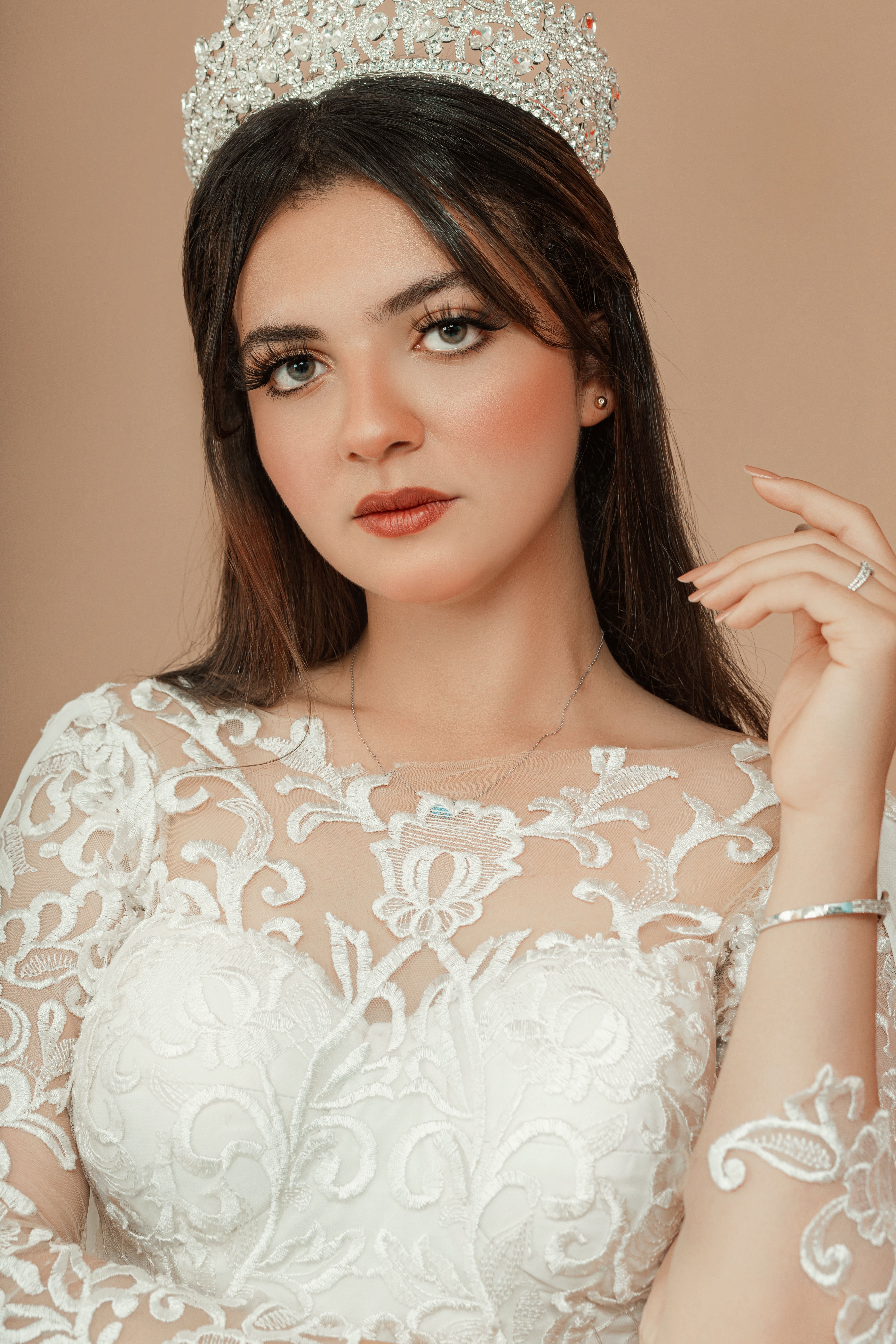 Close-Up Shot of a Woman in White Lace Dress Wearing a Crown · Free ...