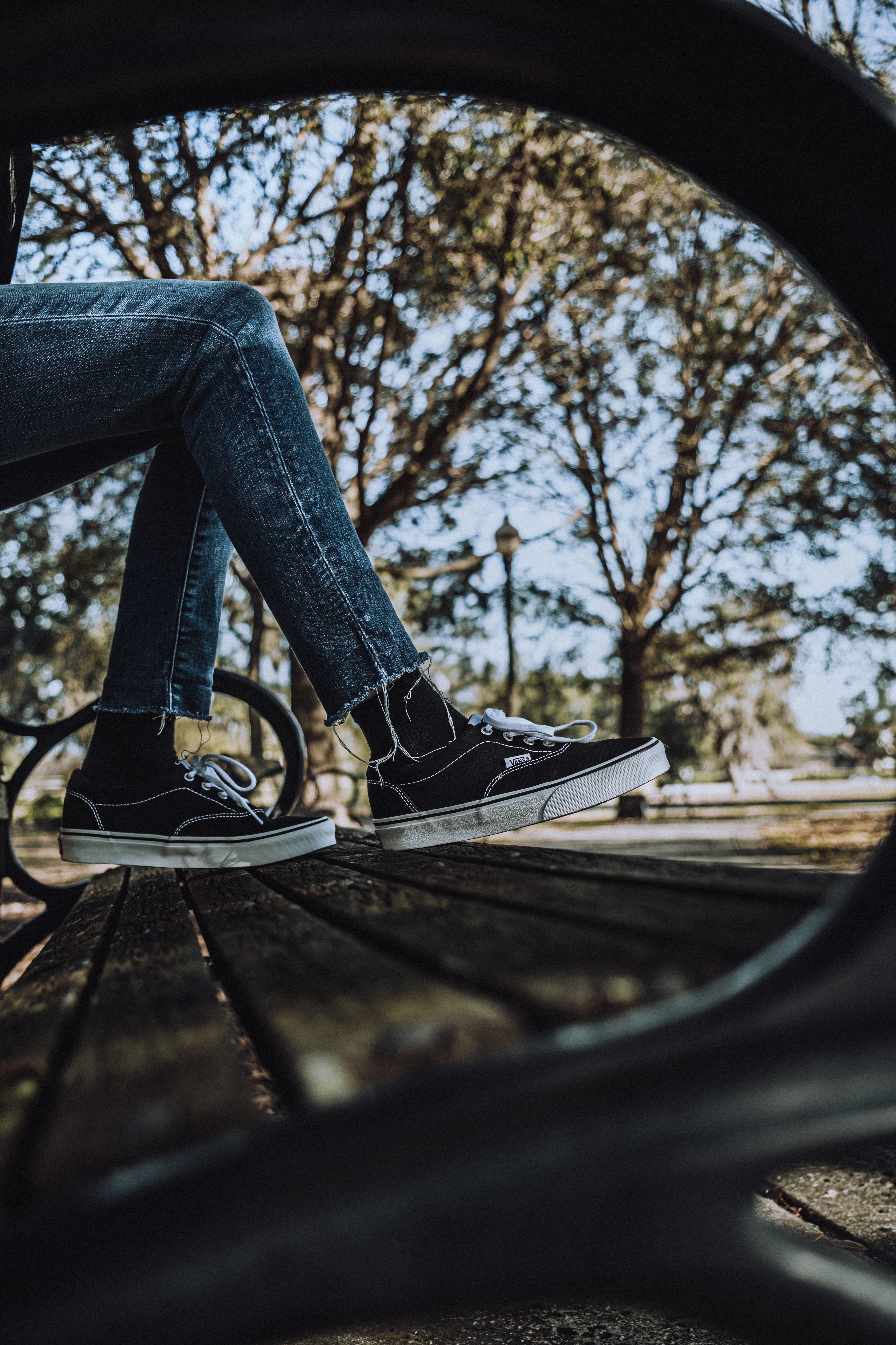 A Person Wearing Denim Jeans and Vans Shoes on the Wooden Bench · Free ...