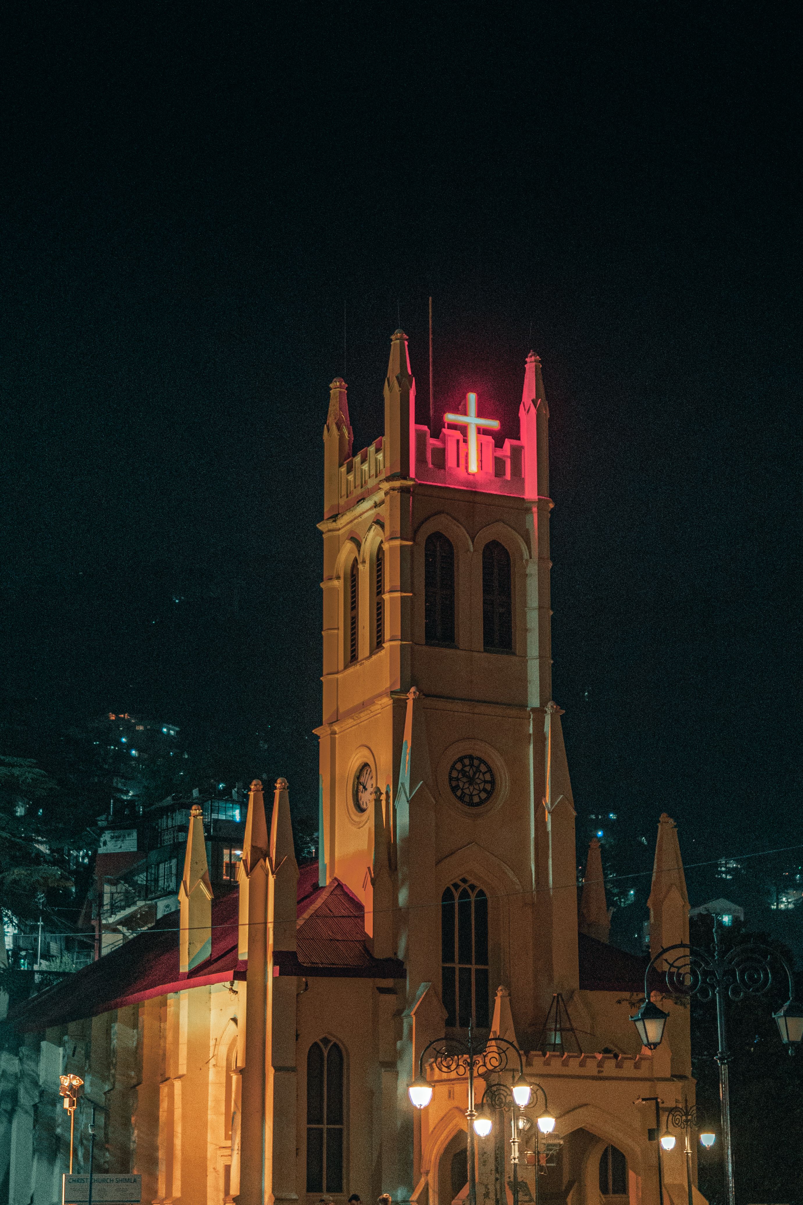 Illuminated Church Tower with Pink Neon at Night · Free Stock Photo