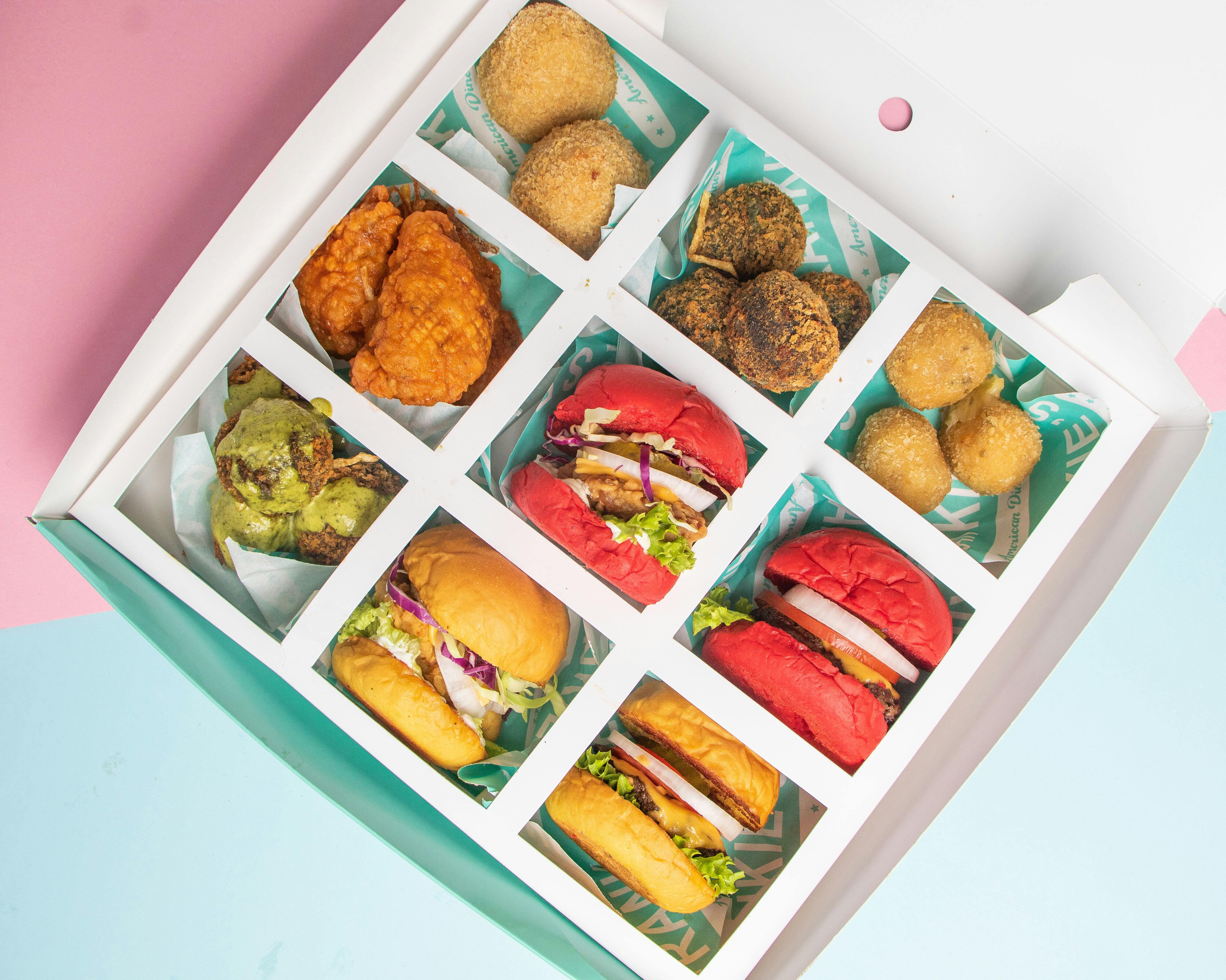 Top View of a Snack Box with Mini Burgers and Deep Fried Chicken and ...