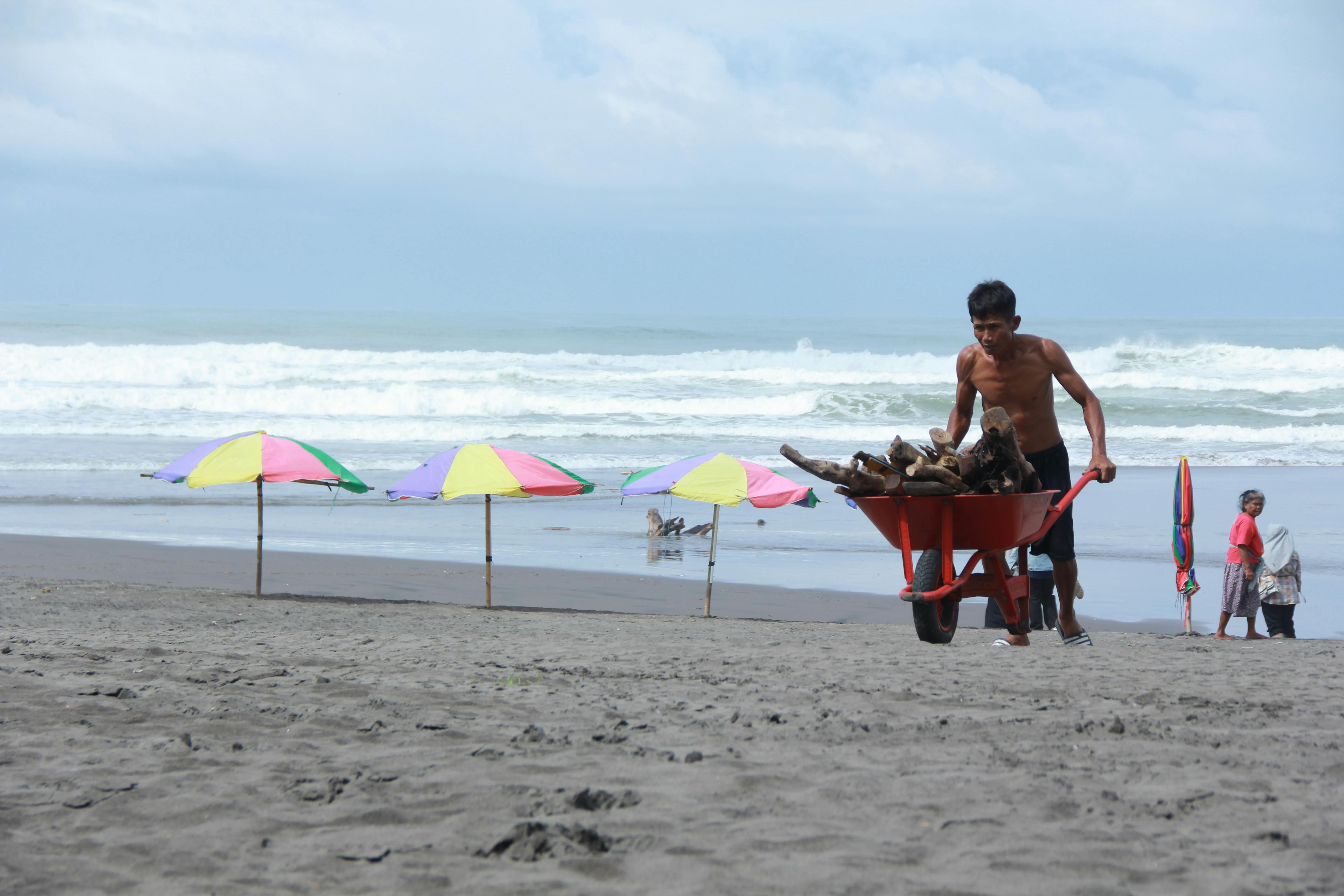 Man with Wheelbarrow on Beach · Free Stock Photo