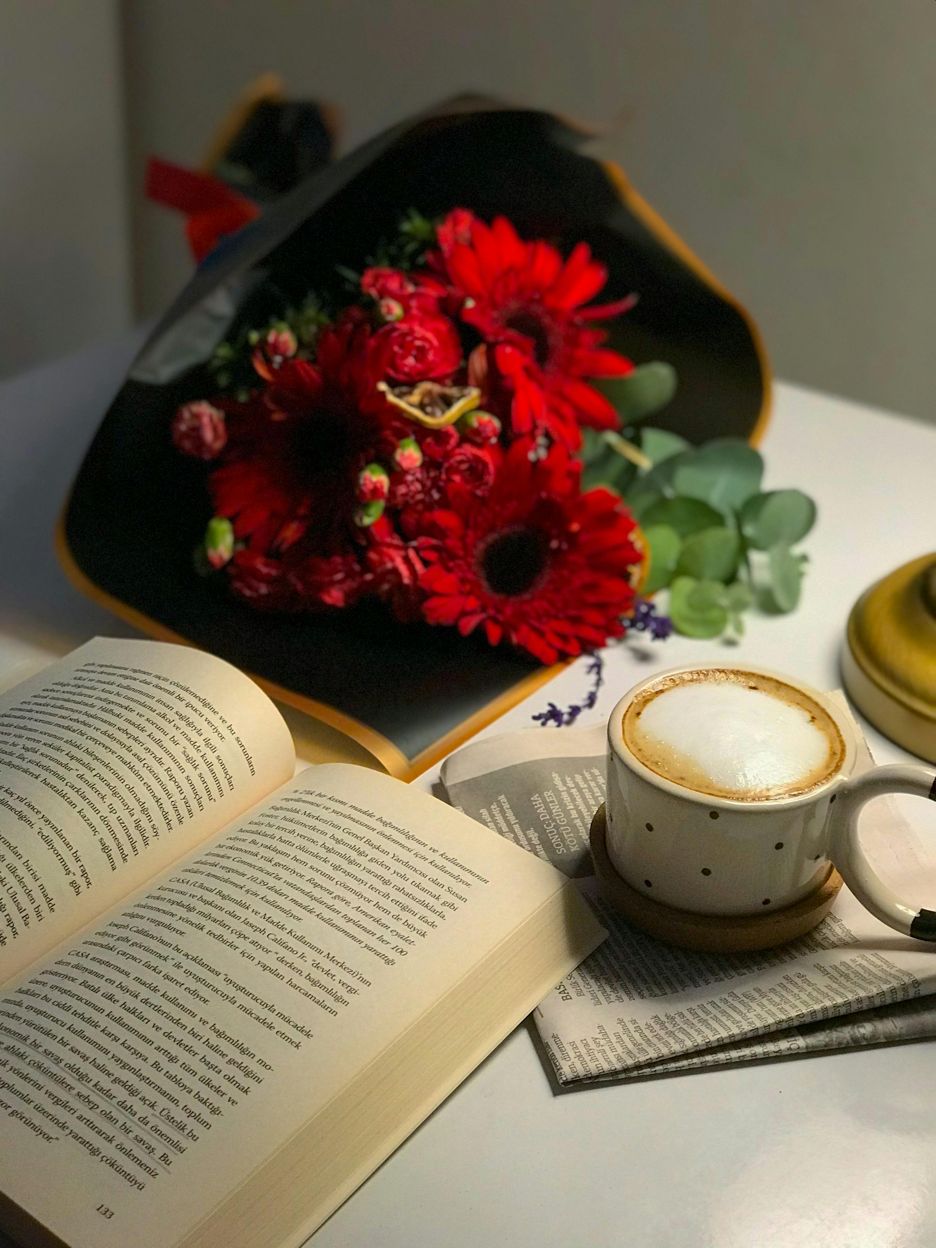 Book, Flowers and Coffee · Free Stock Photo