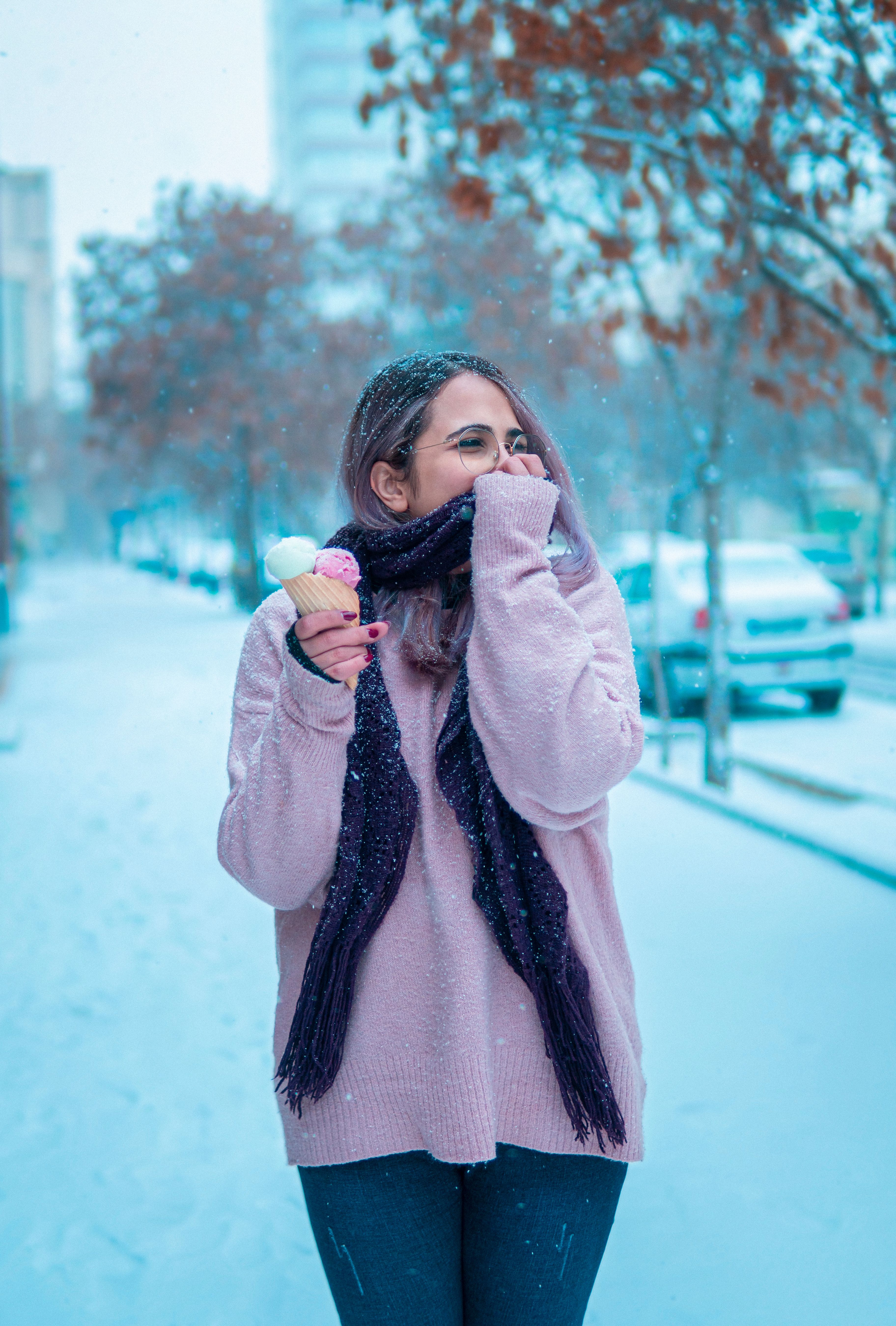 Woman Without Jacket on Street in Winter · Free Stock Photo