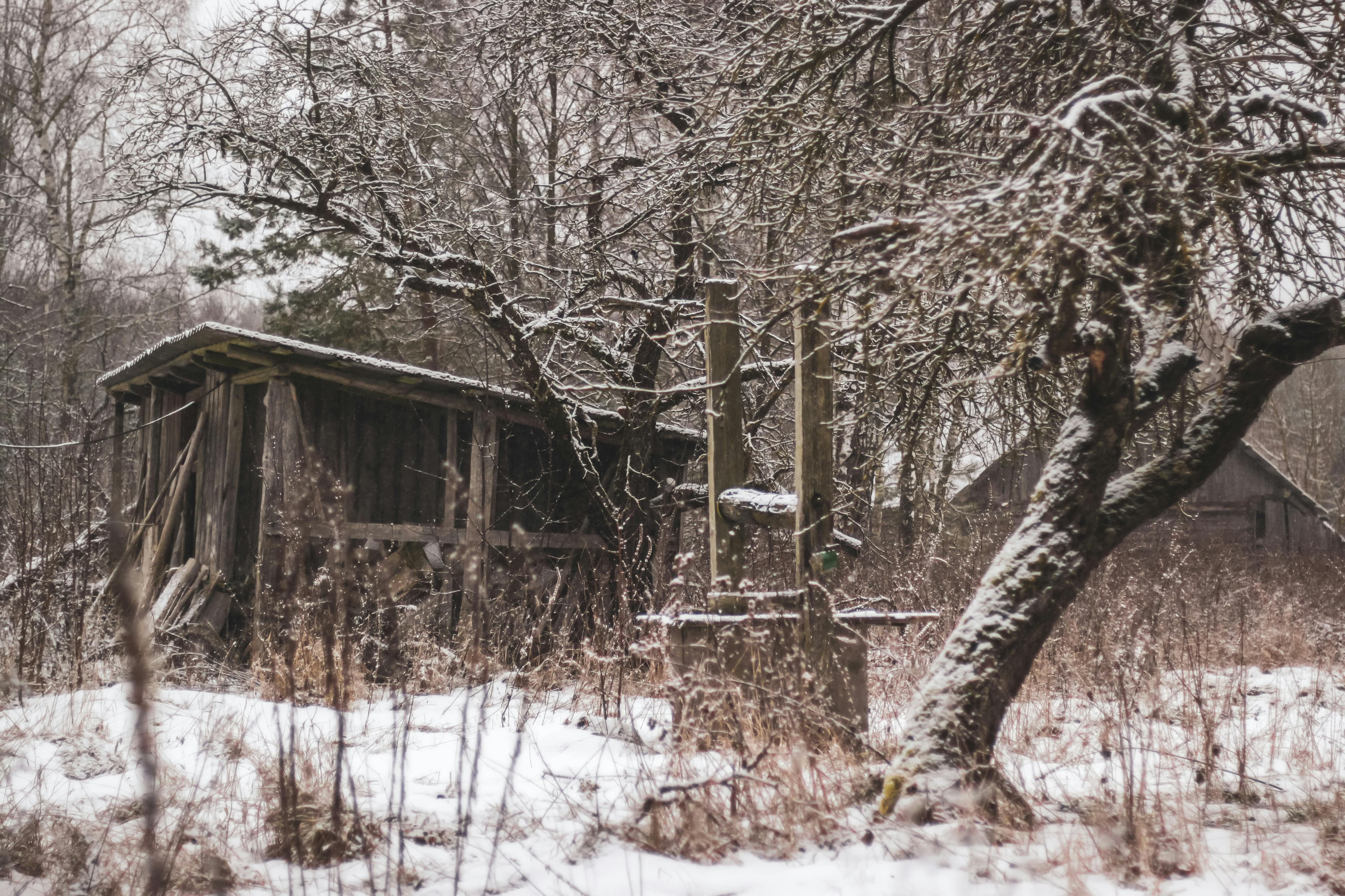 Wooden Buildings and Well in Snow · Free Stock Photo