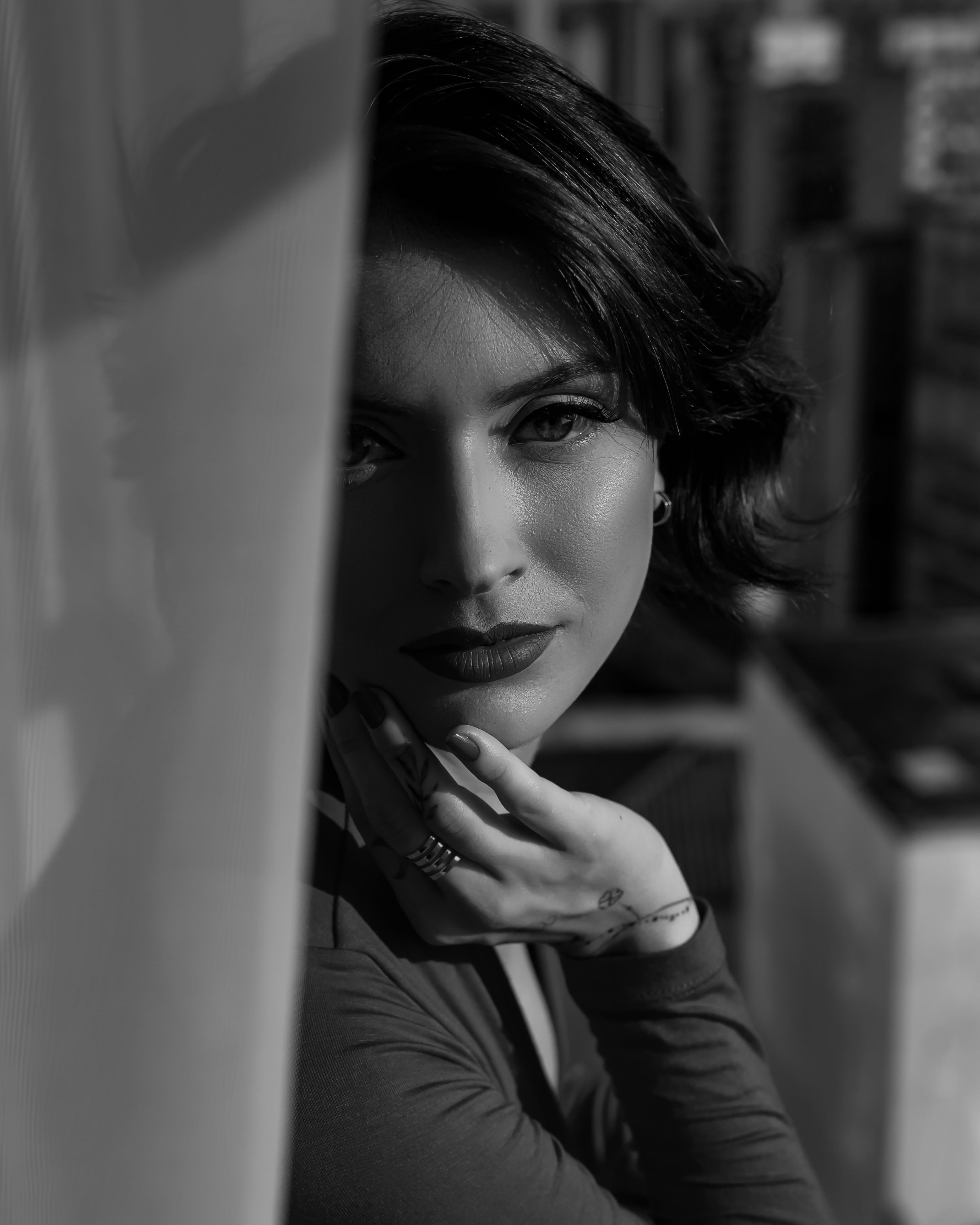 Sunlit Woman Face in Black and White · Free Stock Photo