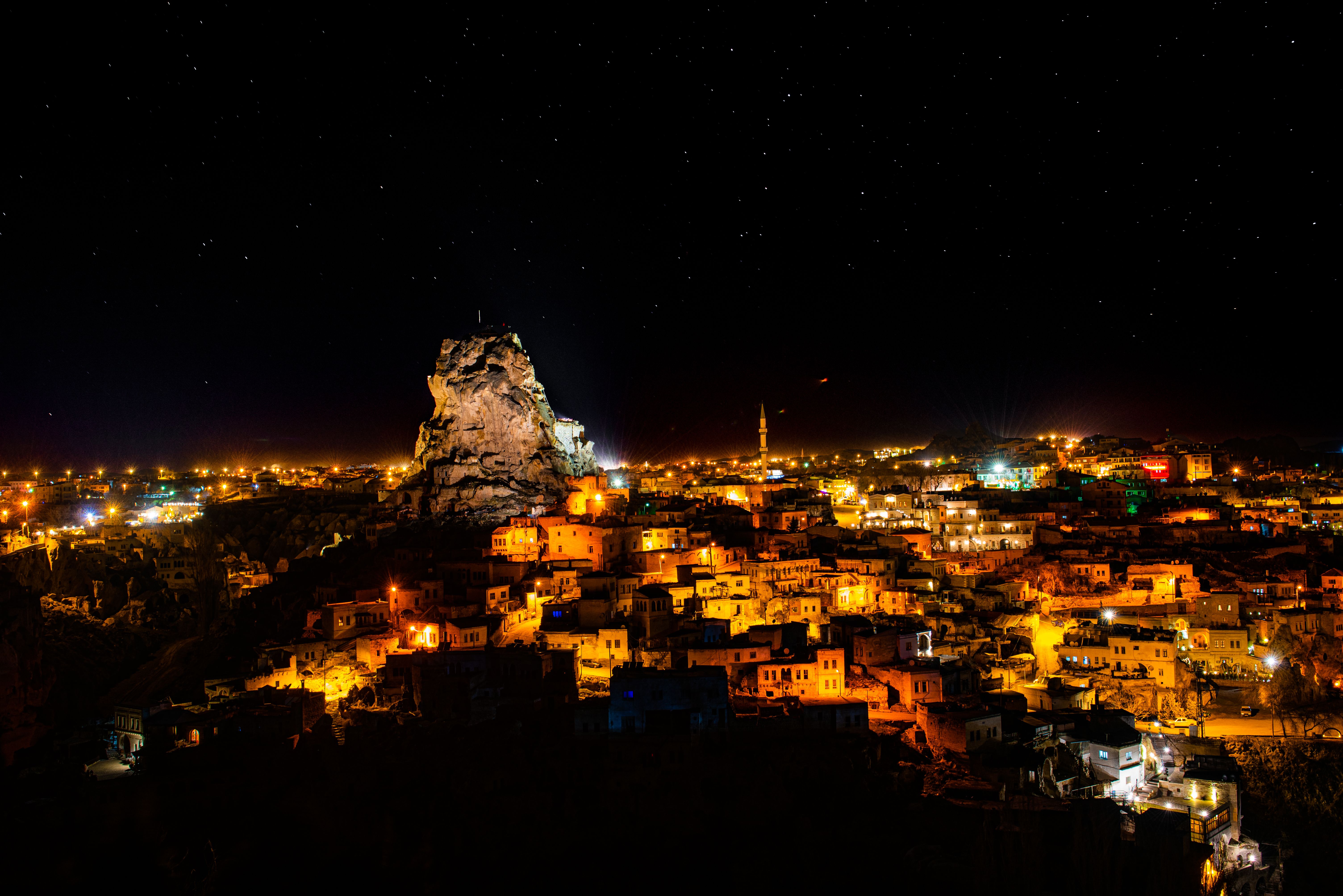 Aerial View of Illuminated Uchisar, Cappadocia, Turkey at Night · Free ...