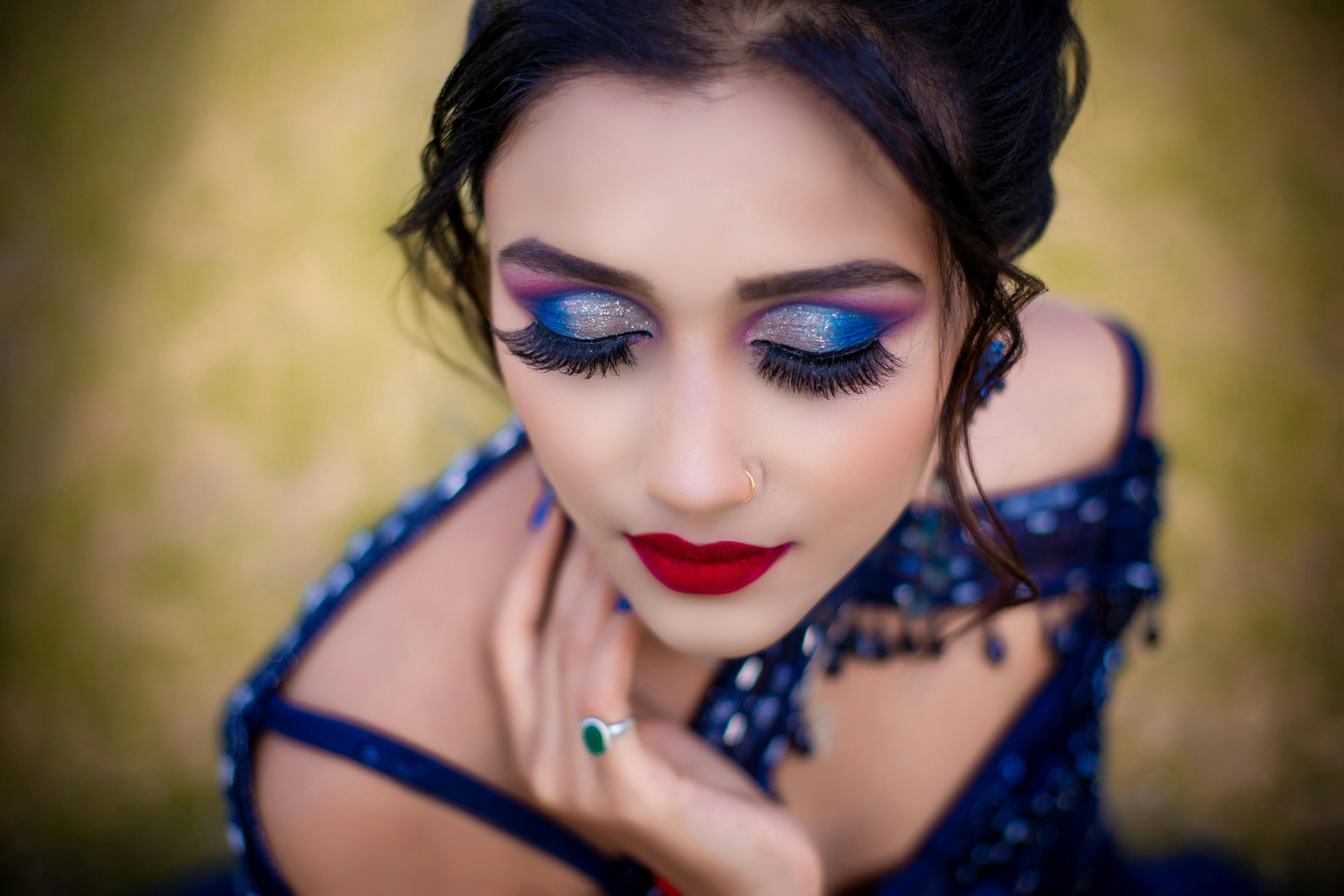 Close Up Photo of Woman Wearing Eye Makeup and Red Lipstick · Free ...