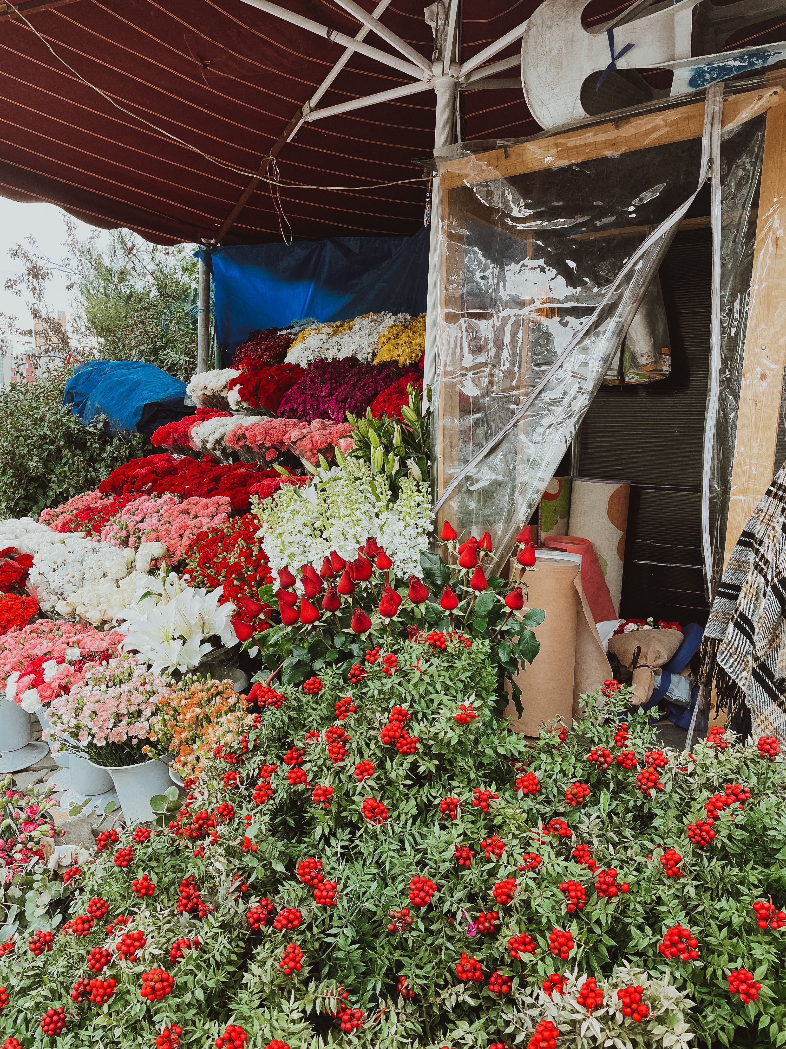 A flower stand with many different types of flowers · Free Stock Photo